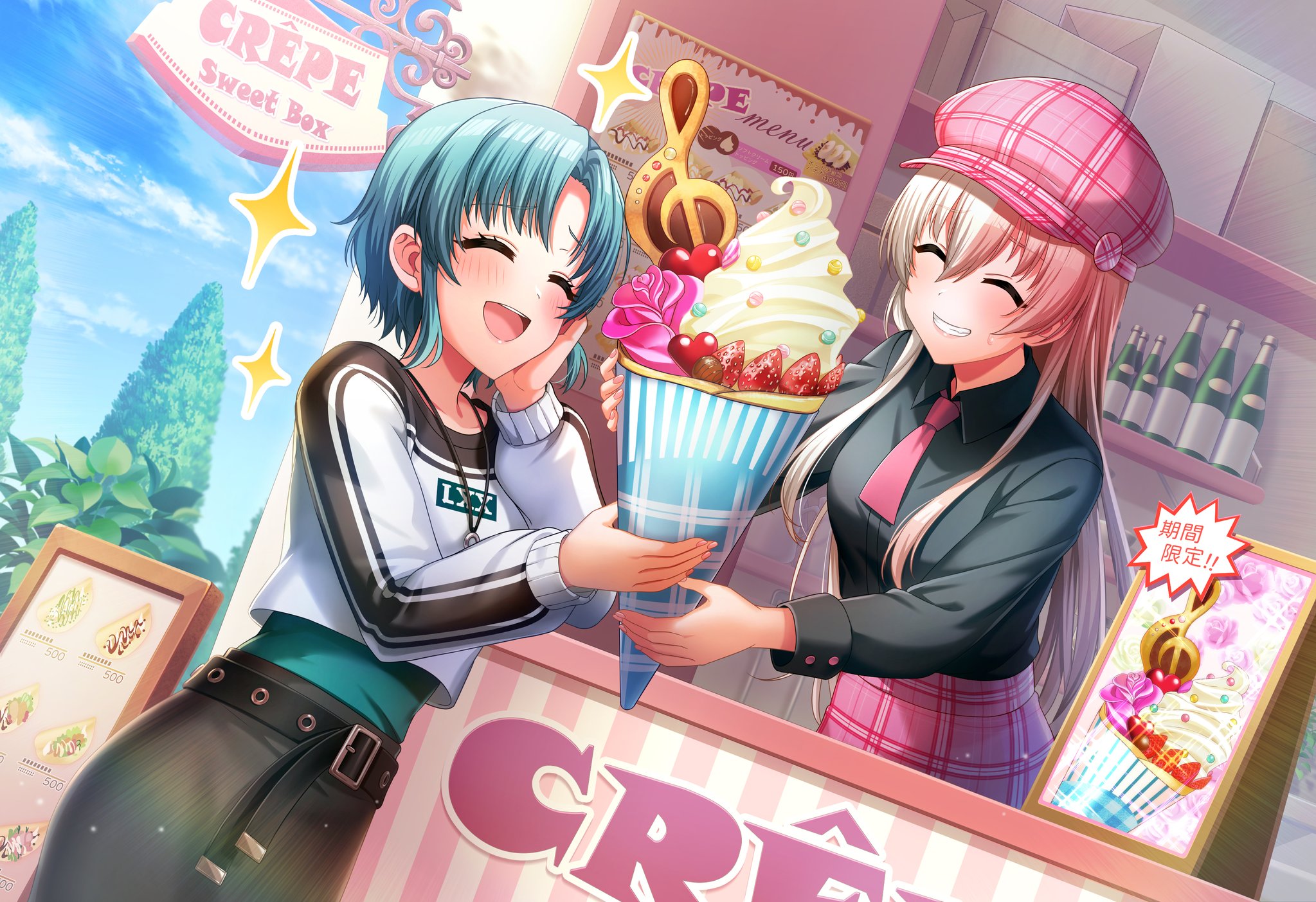 Safebooru - closed eyes d4dj dress green hair hanamaki towa shinomiya kokoa short hair smile ...