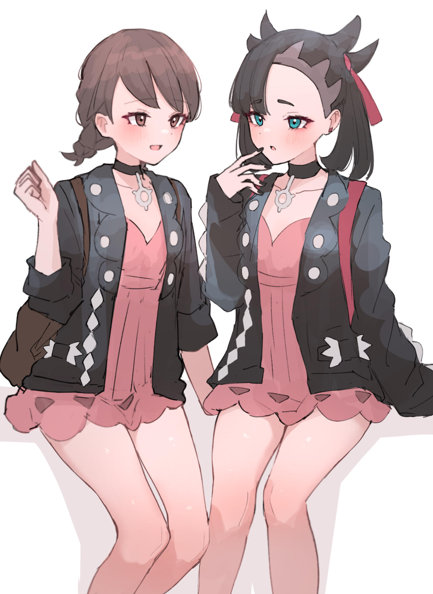Safebooru - 2girls asymmetrical bangs bare legs black choker black hair black jacket black nails ...