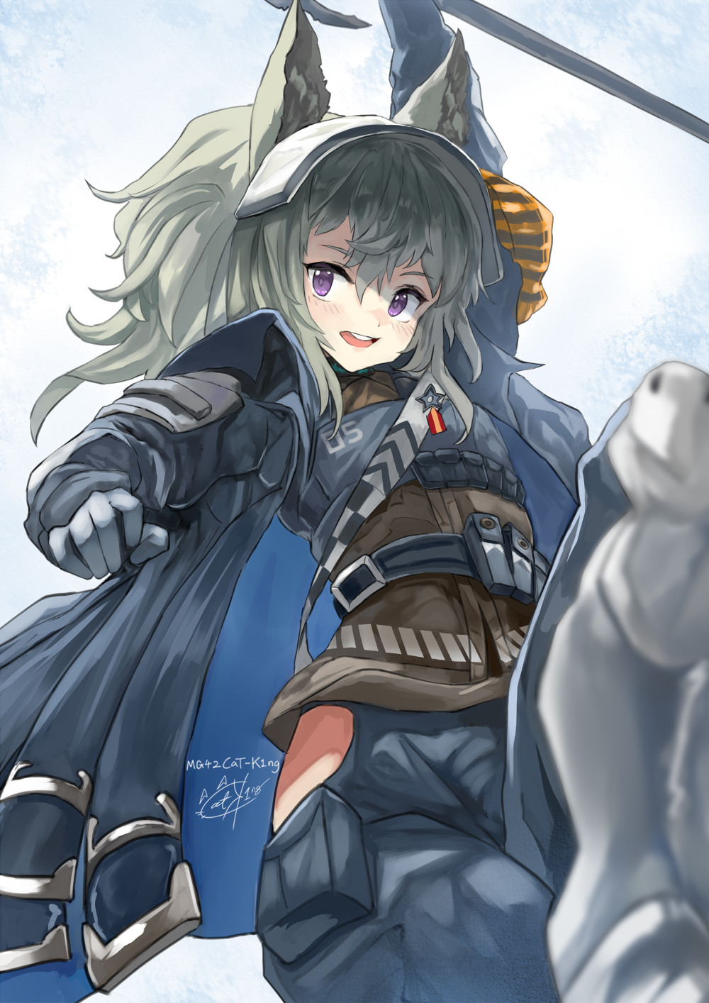 Safebooru - 1girl :d animal ear fluff animal ears arknights arm up armored boots black jacket ...