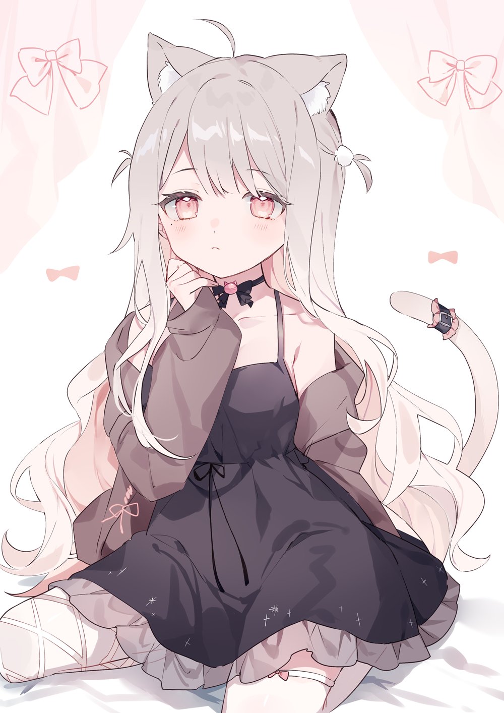 Safebooru - 1girl animal ear fluff animal ears asymmetrical legwear black choker black dress ...