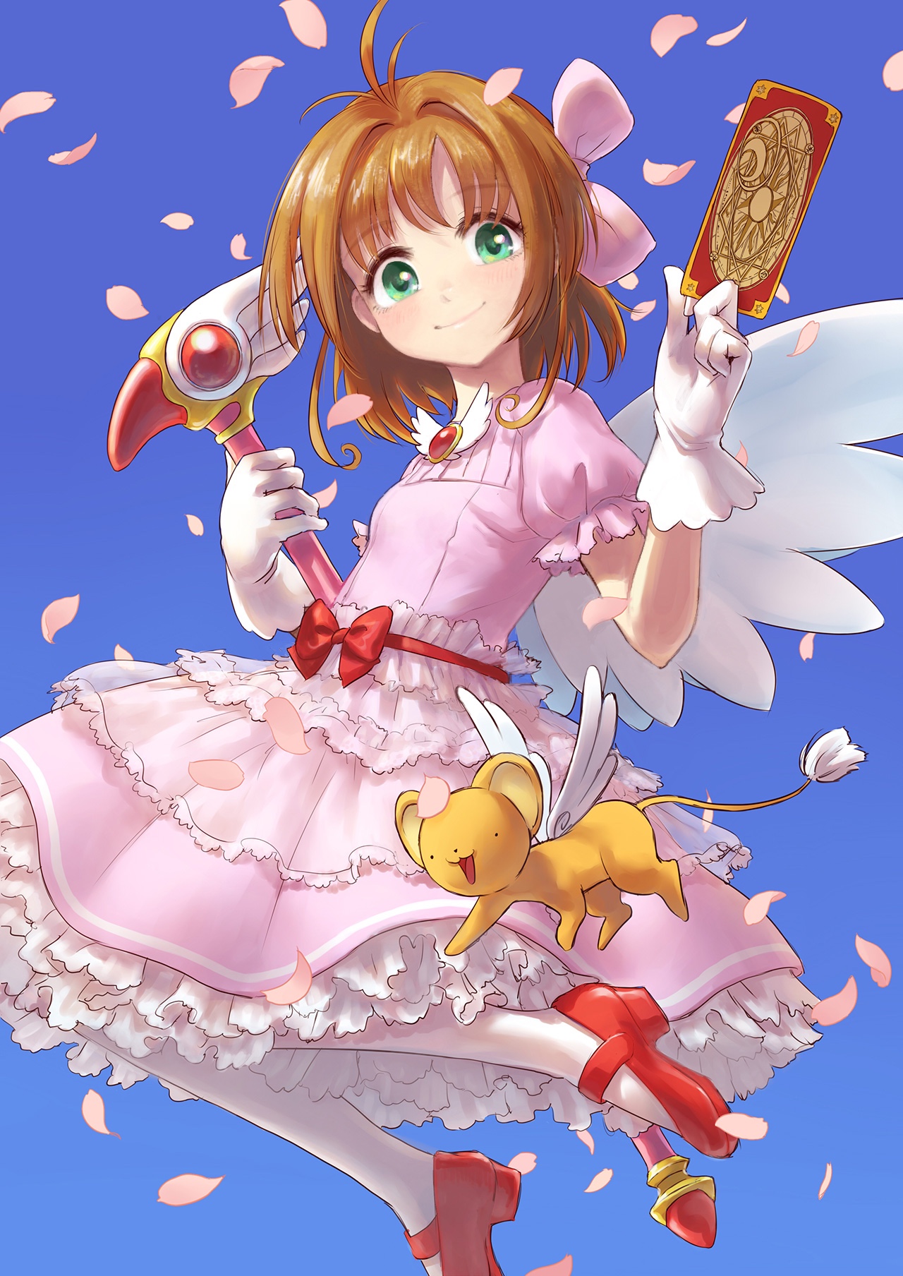 Safebooru - 1girl blue background blush bow brown hair card cardcaptor sakura cherry blossoms ...