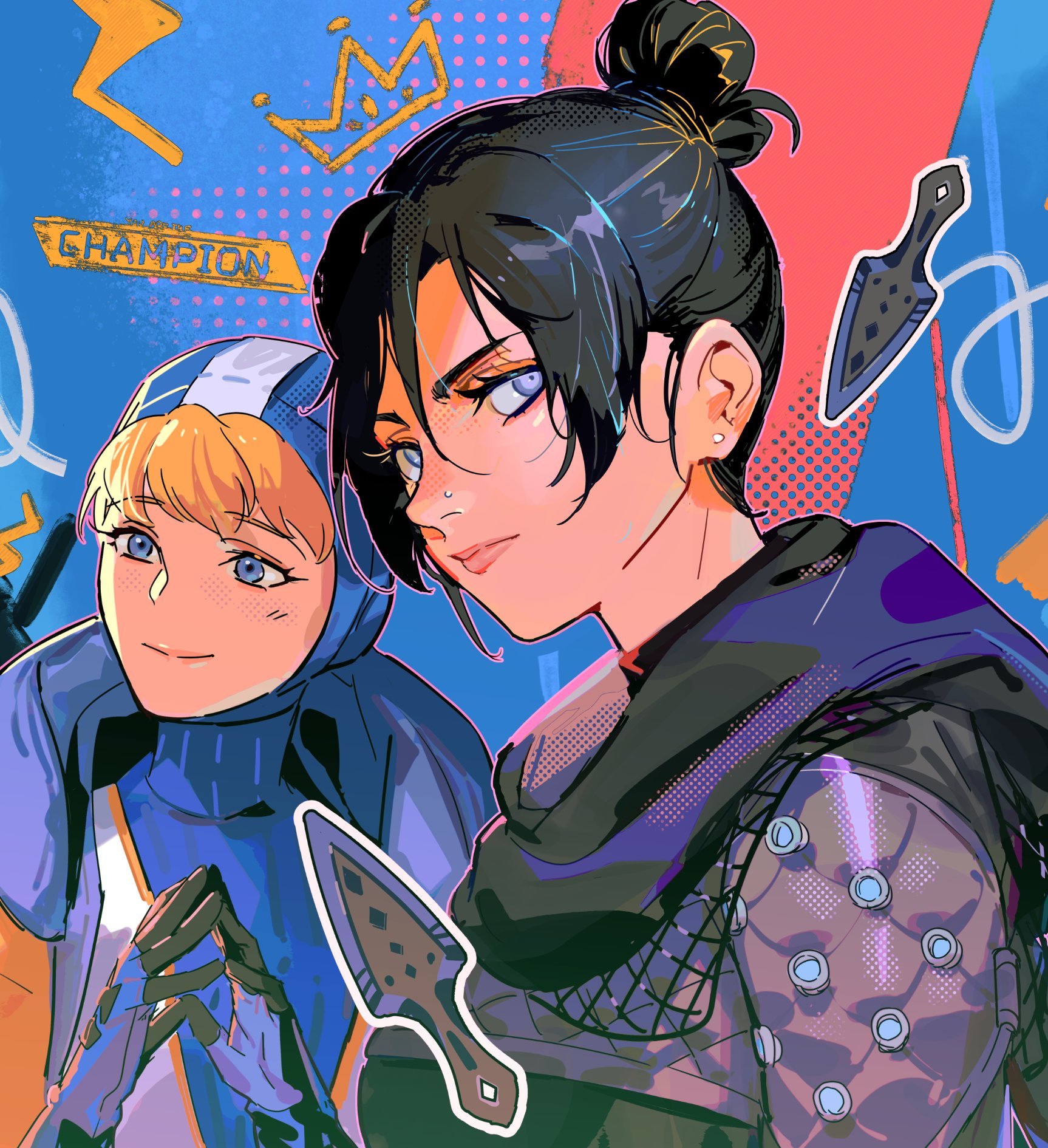 Safebooru - 2girls animification apex legends black bodysuit black hair black scarf blonde hair ...