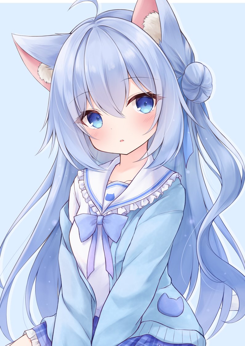 Safebooru - 1girl ahoge animal ear fluff animal ears blue cardigan blue eyes blue hair blue ...