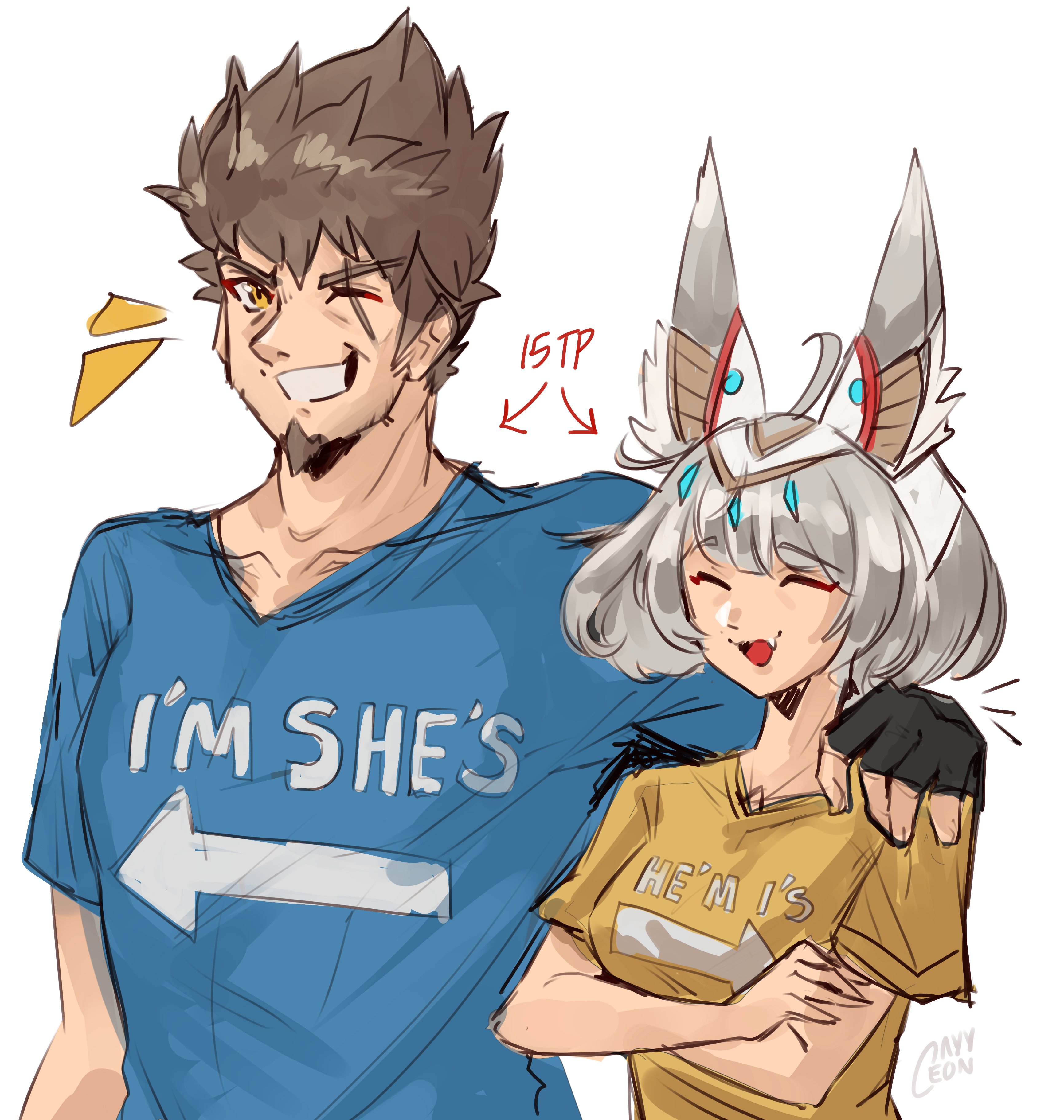 Safebooru - 1boy 1girl :d absurdres animal ears arm around shoulder beard black gloves blue ...