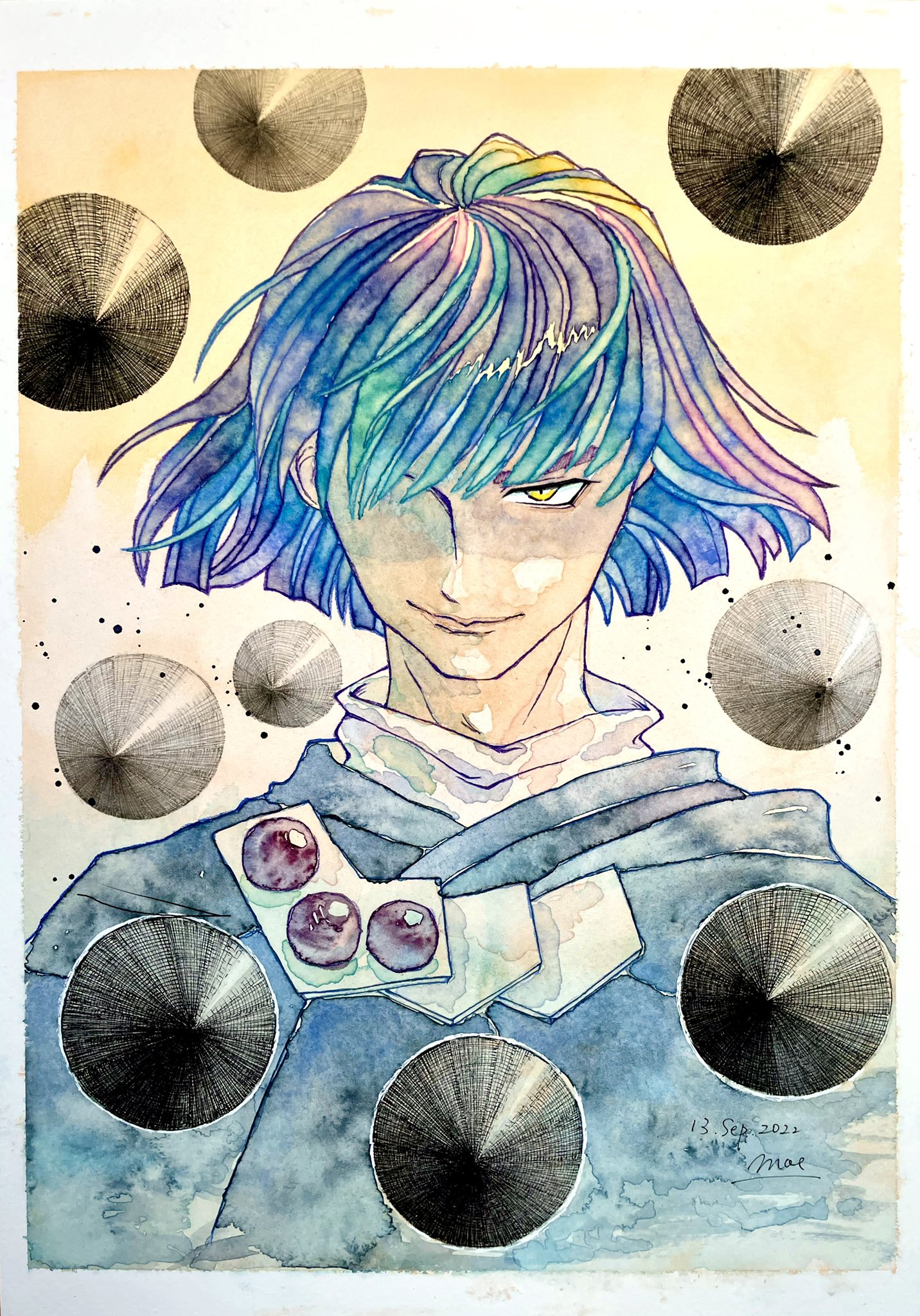 Safebooru - 1boy ajisai-uh blue hair blue robe bob cut border dated ...