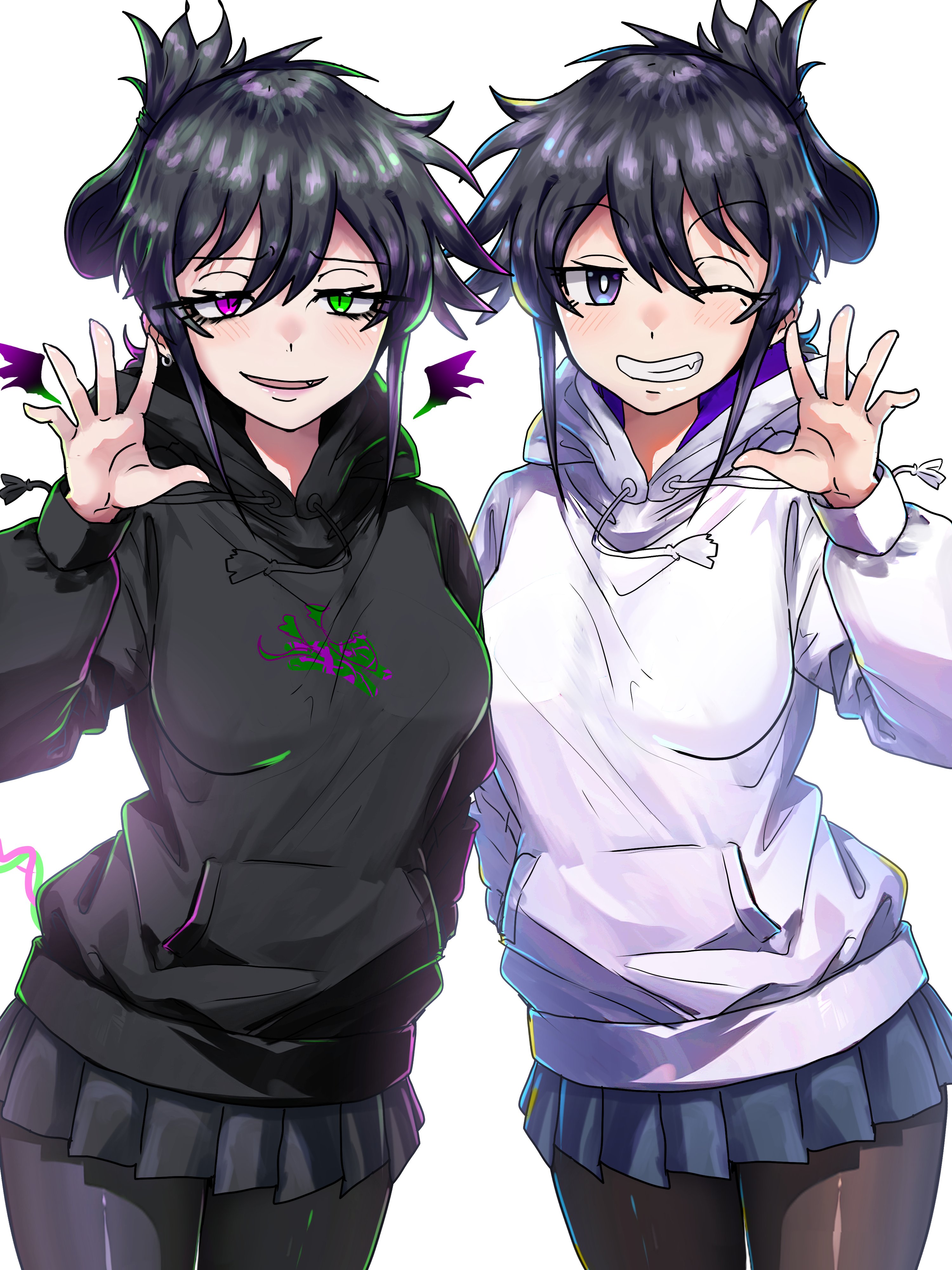 Safebooru - 2girls absurdres black eyes black hair black hoodie black pantyhose black skirt ...