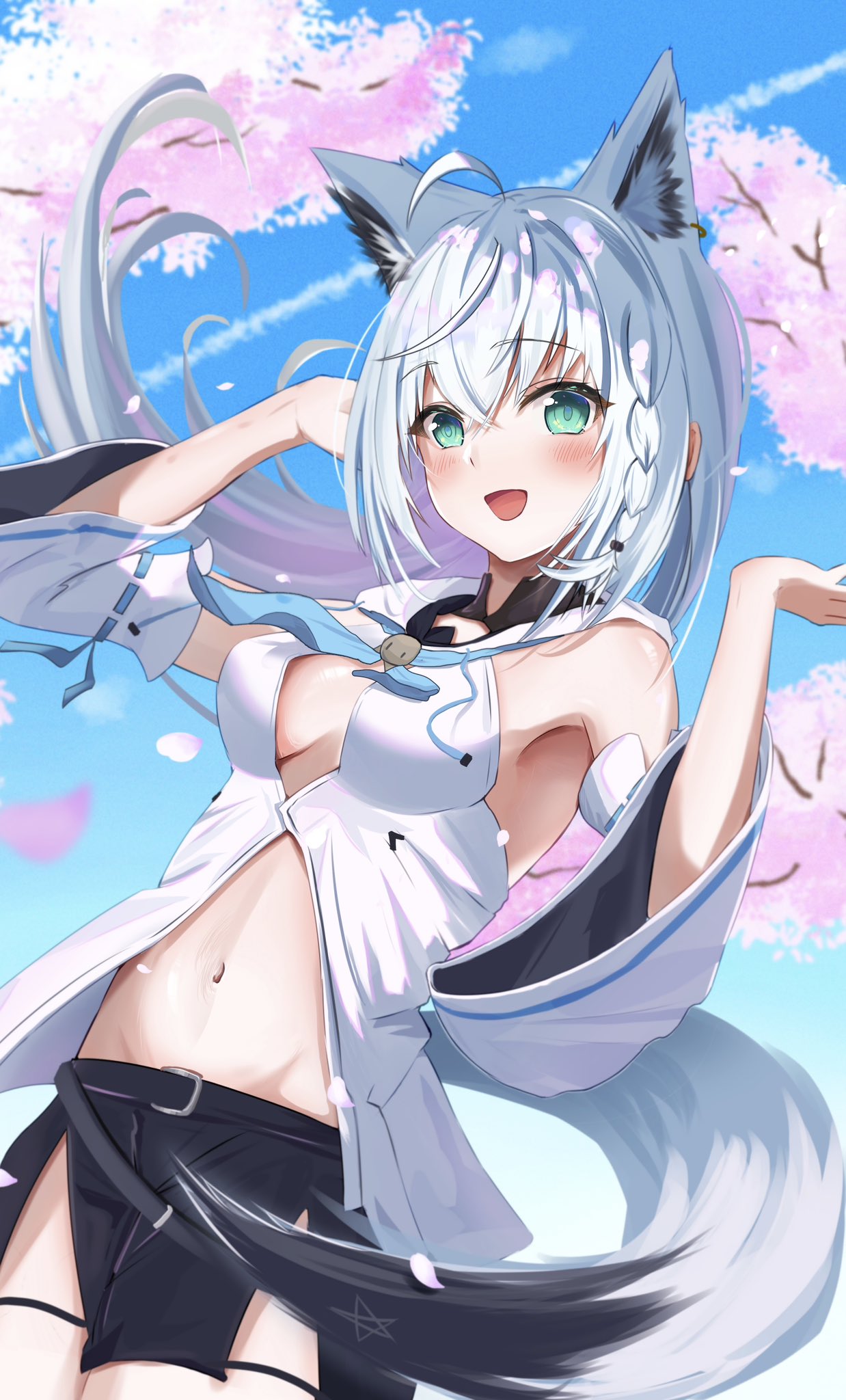 Safebooru - :d ahoge animal ear fluff animal ears bare shoulders black shorts blue ribbon blue ...