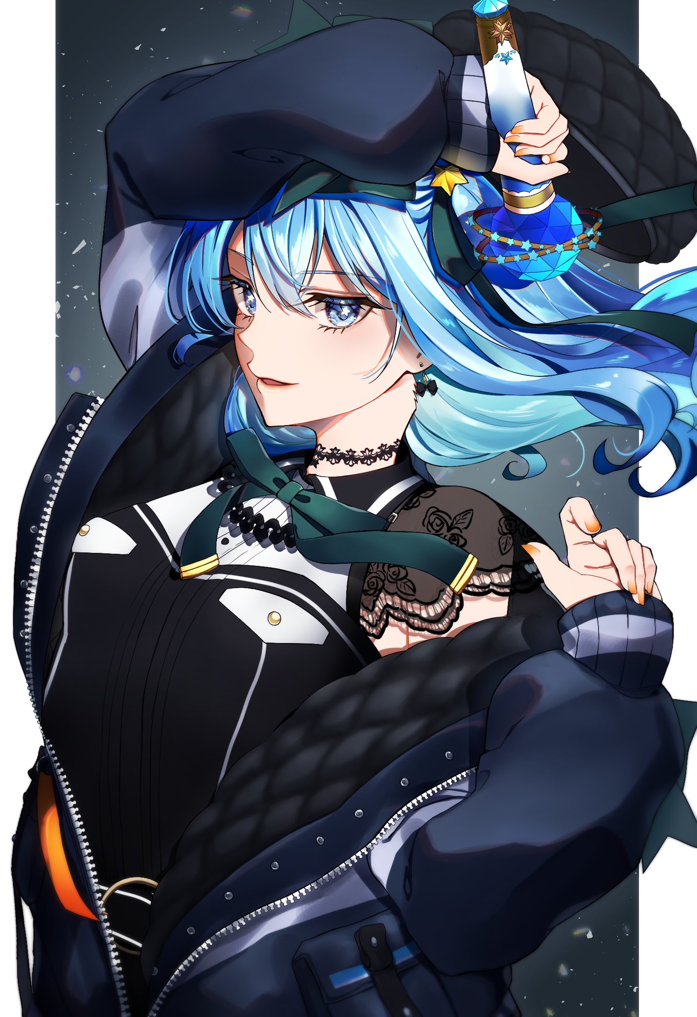 Safebooru - 1girl arm up beret black choker black headwear black shirt blue eyes blue jacket bow ...