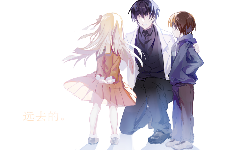 Safebooru - 1girl 2boys arms behind back ayin (project moon) black footwear black hair black ...