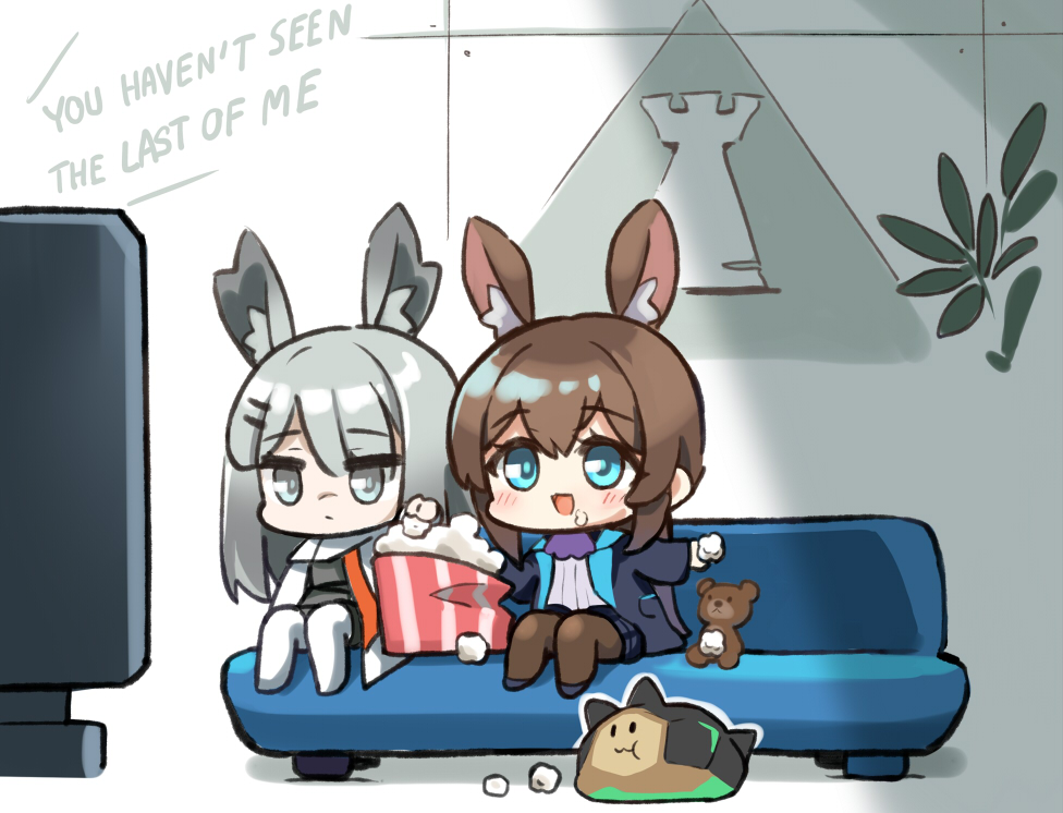 Safebooru - 2girls amiya (arknights) animal ears arknights blue eyes brown hair chibi couch ...