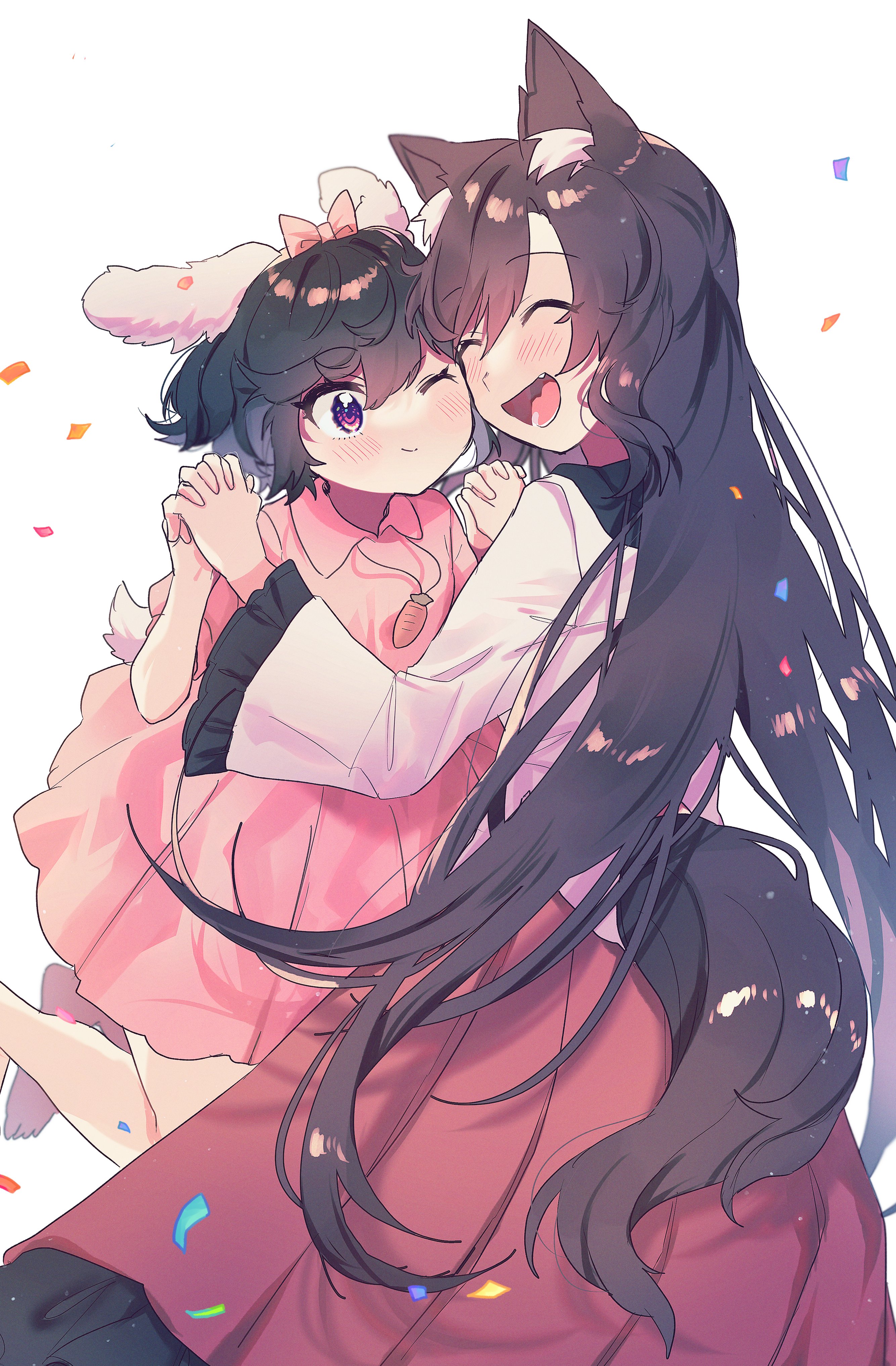 Safebooru - 2girls :d ^ ^ absurdres animal ears bare legs black hair bow brown hair carrot ...