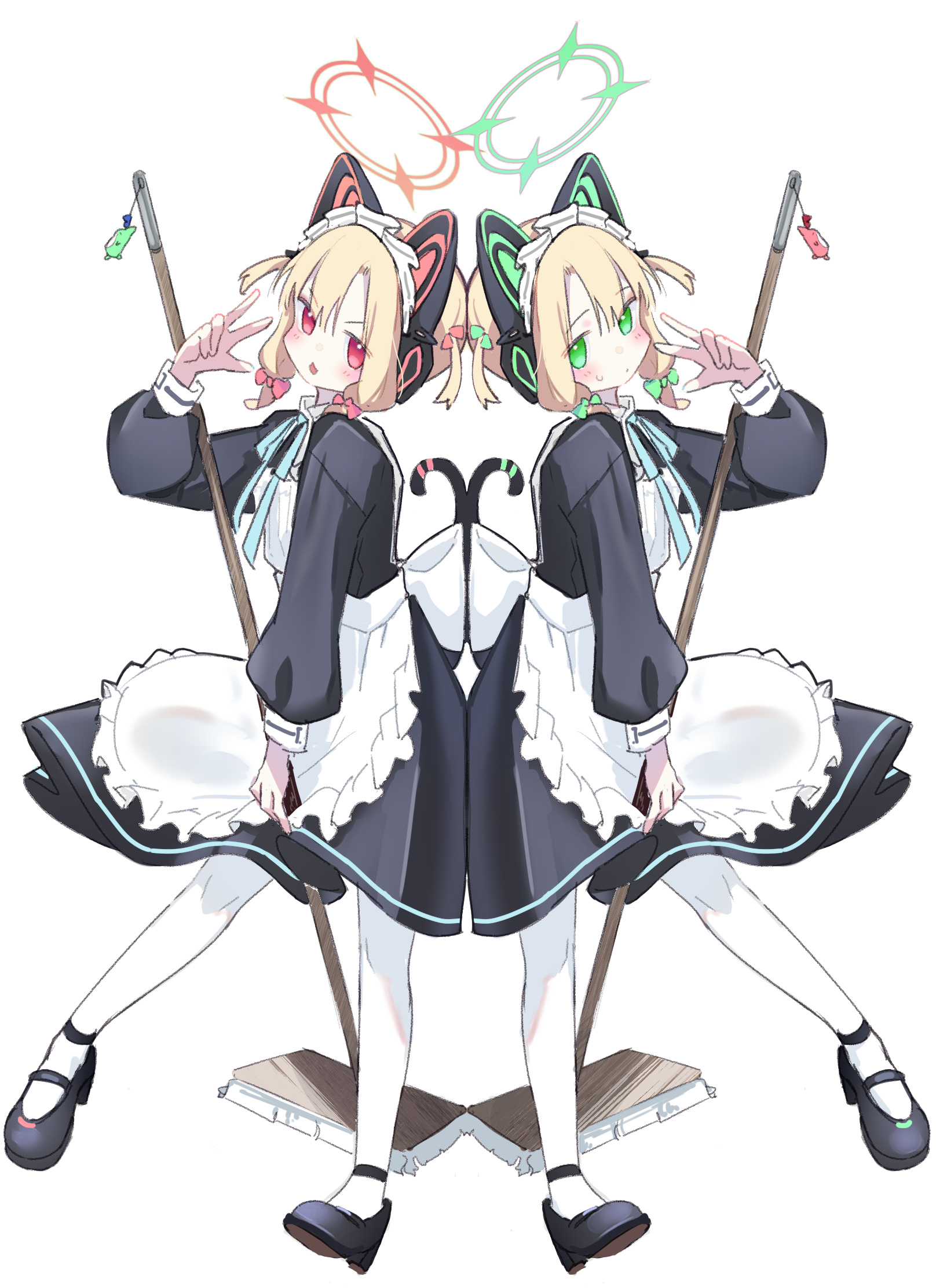 Safebooru - 2girls alternate costume animal ear headphones animal ears apron aqua ribbon black ...