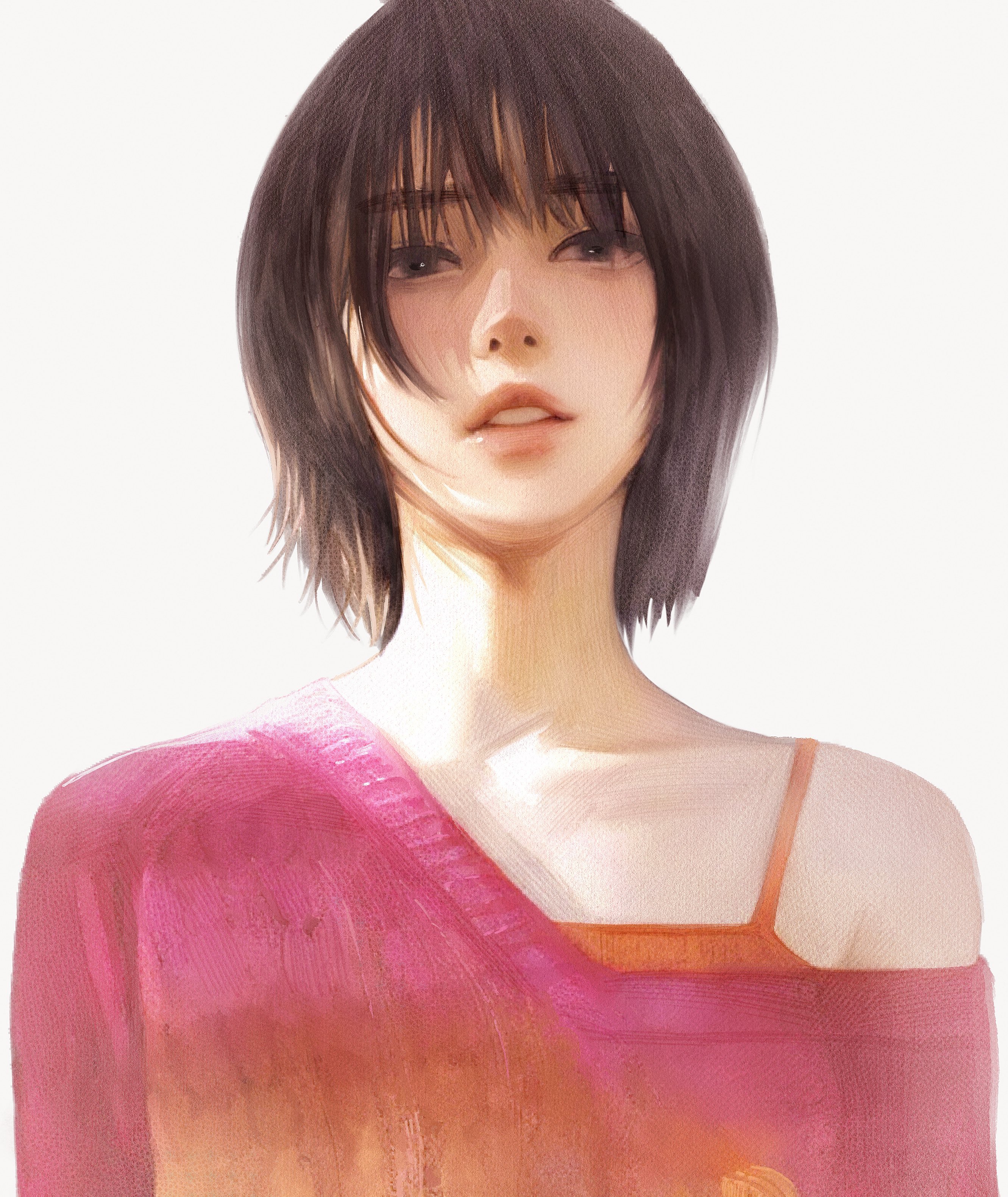 Safebooru - 1girl absurdres black eyes black hair collarbone grey background highres k-pop ...