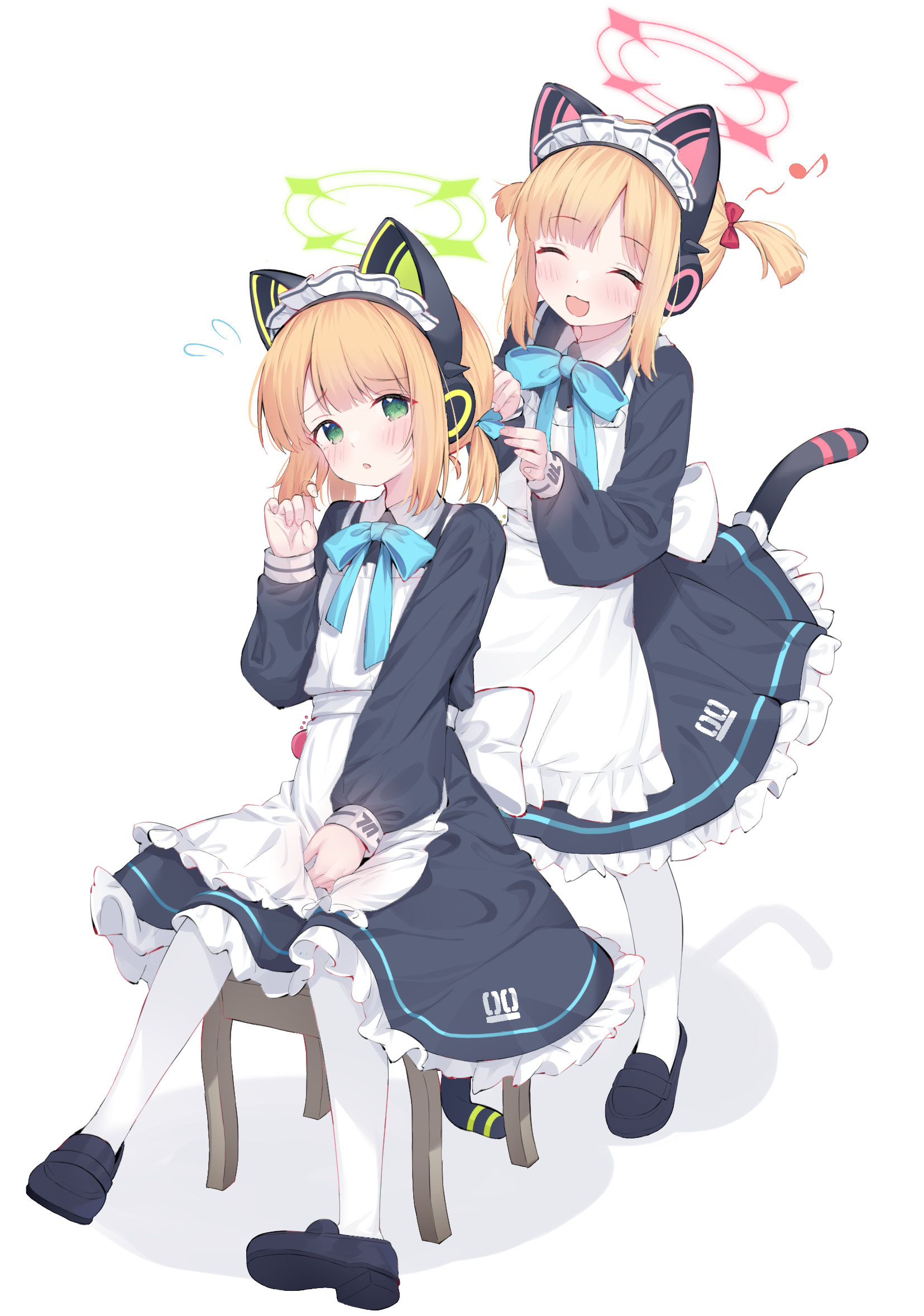 Safebooru - 2girls animal ear headphones animal ears apron black dress black footwear blonde ...