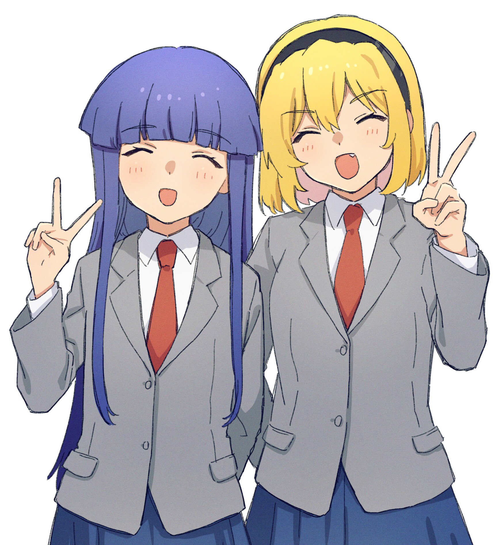 Safebooru - 2girls :d black hairband blonde hair blue hair blue skirt closed eyes fang furude ...