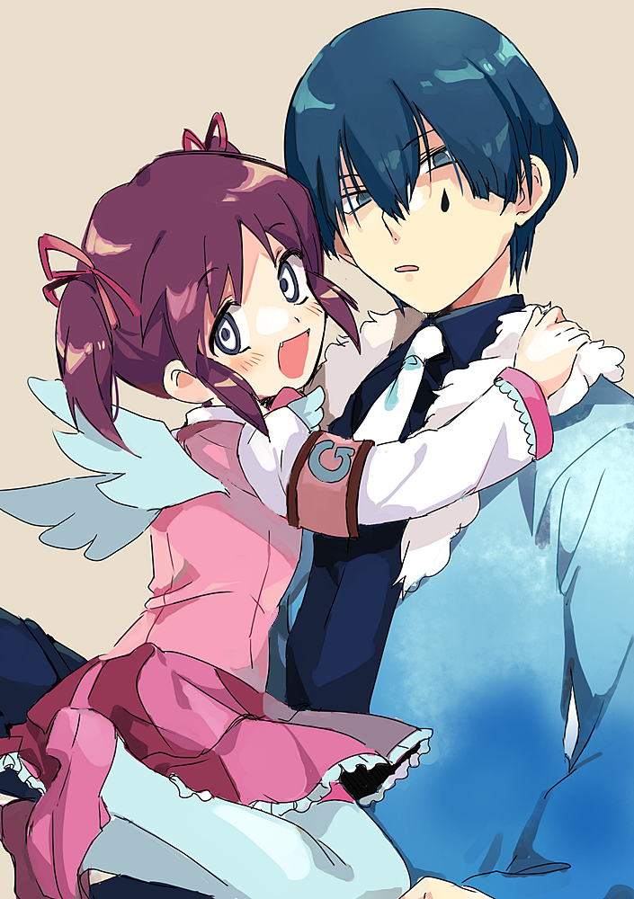 Safebooru - 1boy 1girl :d blue eyes blue hair blue jacket blue pants blue shirt collared shirt ...