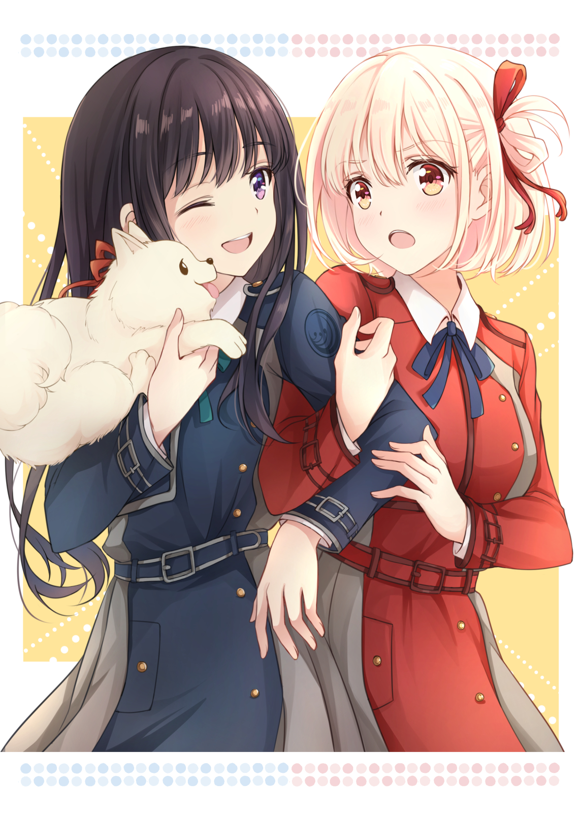 Safebooru - 2girls belt black hair blonde hair blue belt blue dress blue ribbon blush bob cut ...