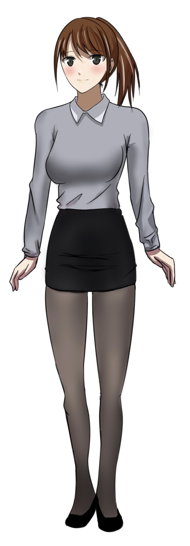 Safebooru - 1girl black footwear black pantyhose black skirt brown hair business casual cardigan ...