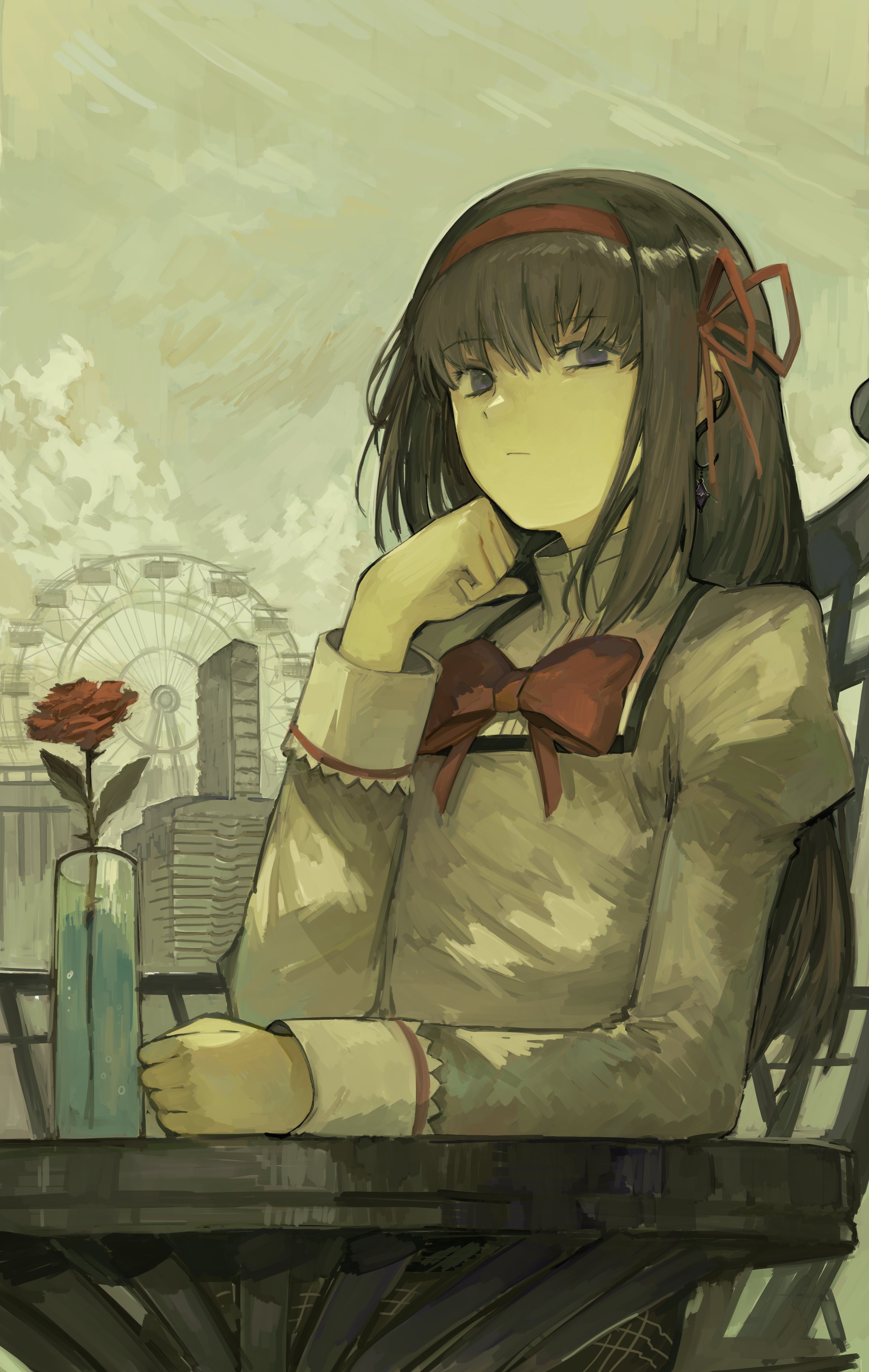 Safebooru - 1girl :| absurdres akemi homura arm rest bow bowtie ...