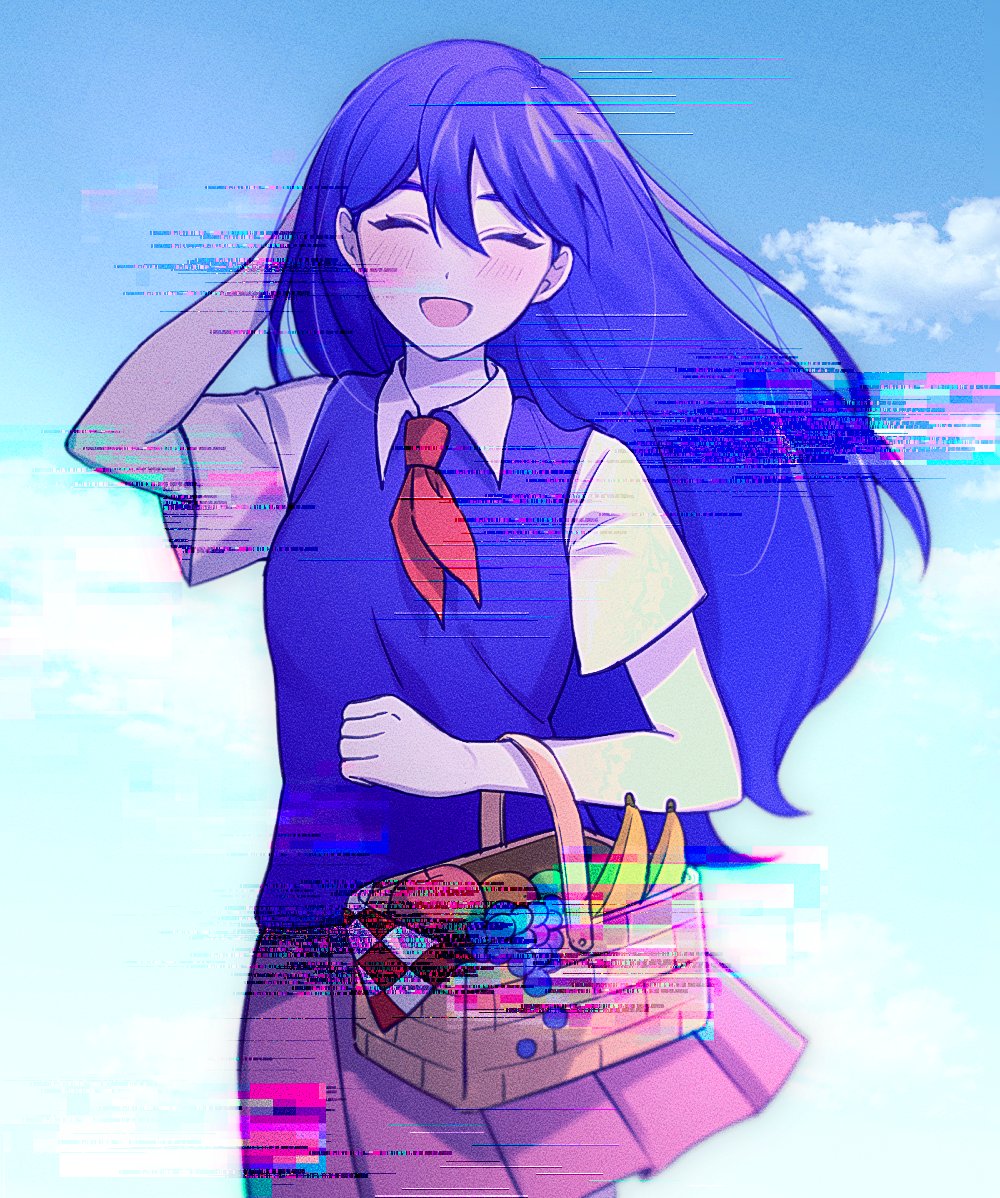 Safebooru - 1girl apple arm behind head arm up banana basket blush ...