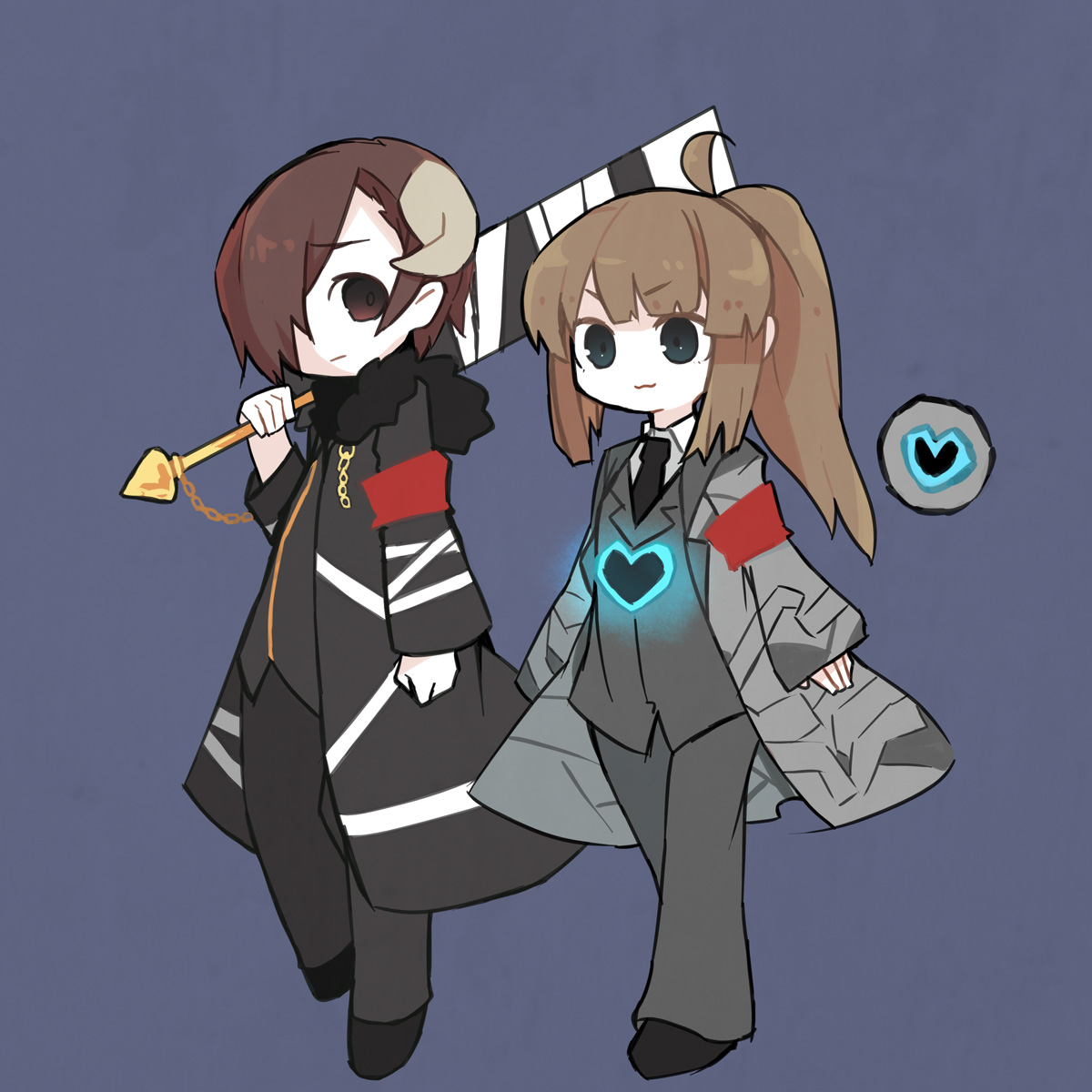 Safebooru - 1boy 1girl :3 ahoge aqua eyes black necktie blue background brown eyes brown hair ...