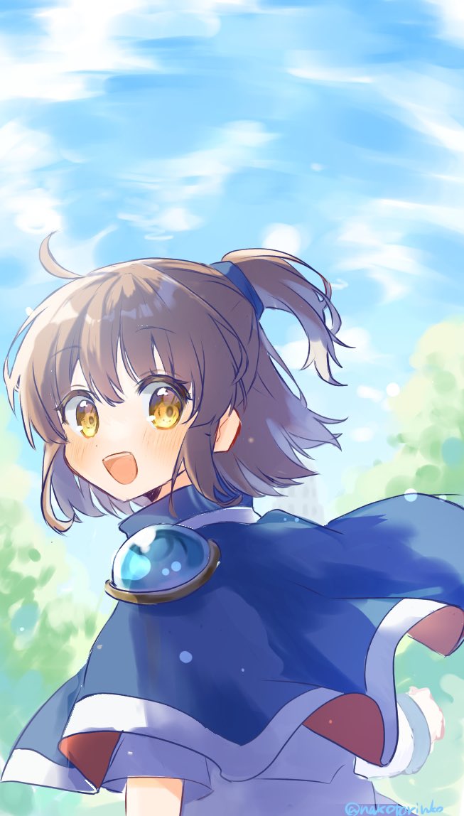 Safebooru - 1girl arle nadja blue cape blue skirt blue sky blush brown hair cape looking at ...