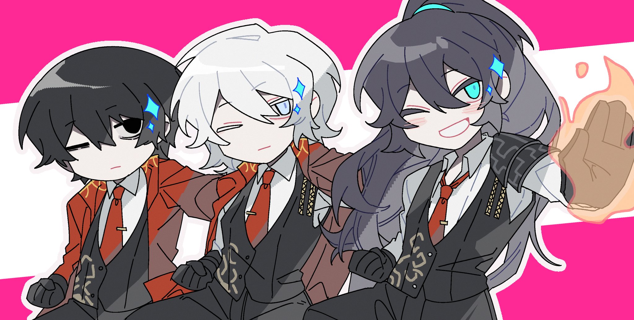 Safebooru - 1girl 2boys aiguillette armor black eyes black gloves black hair black pants black ...