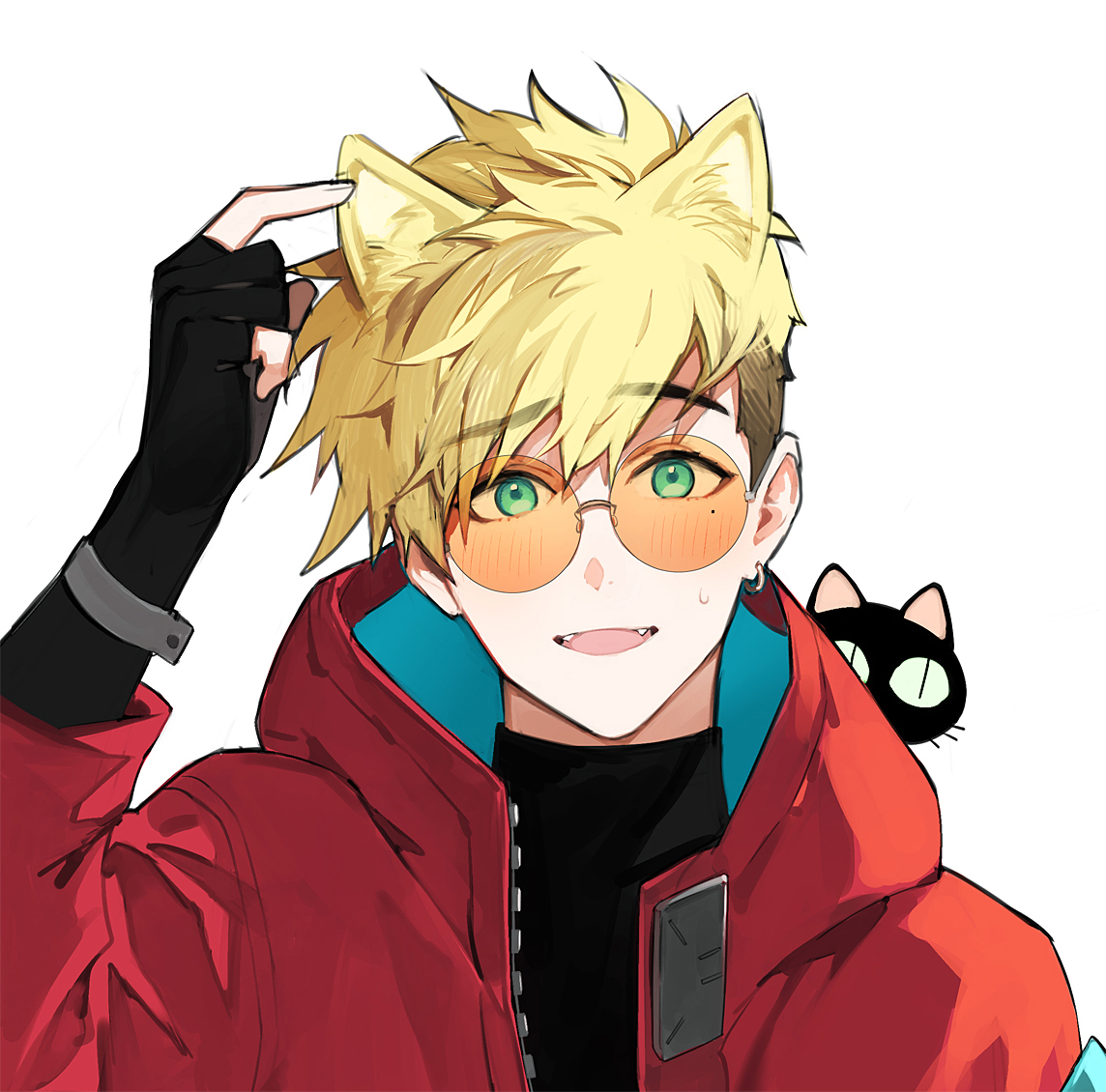 Safebooru - 1boy :d animal ears black cat black gloves black shirt blonde hair blue eyes blush ...
