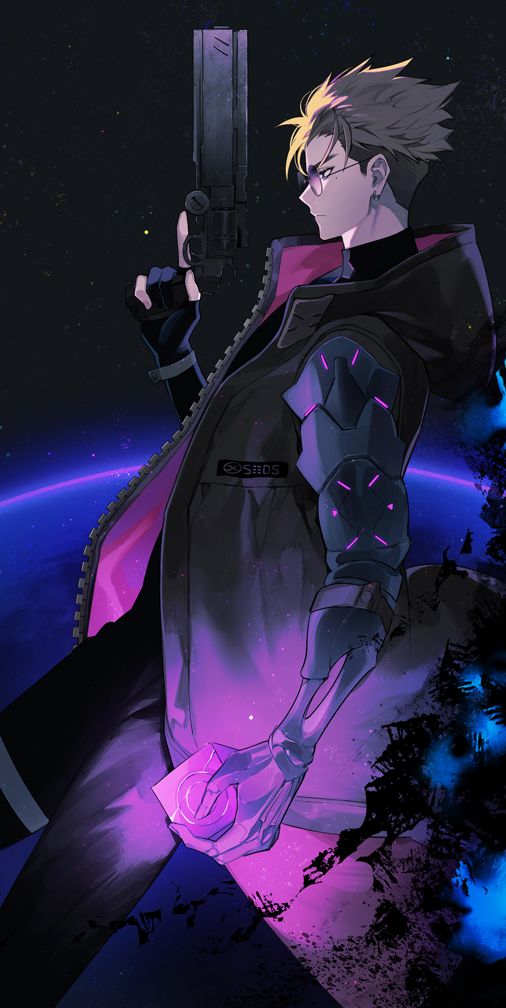 Safebooru - 1boy black gloves black pants black shirt blonde hair blue eyes closed mouth coat ...