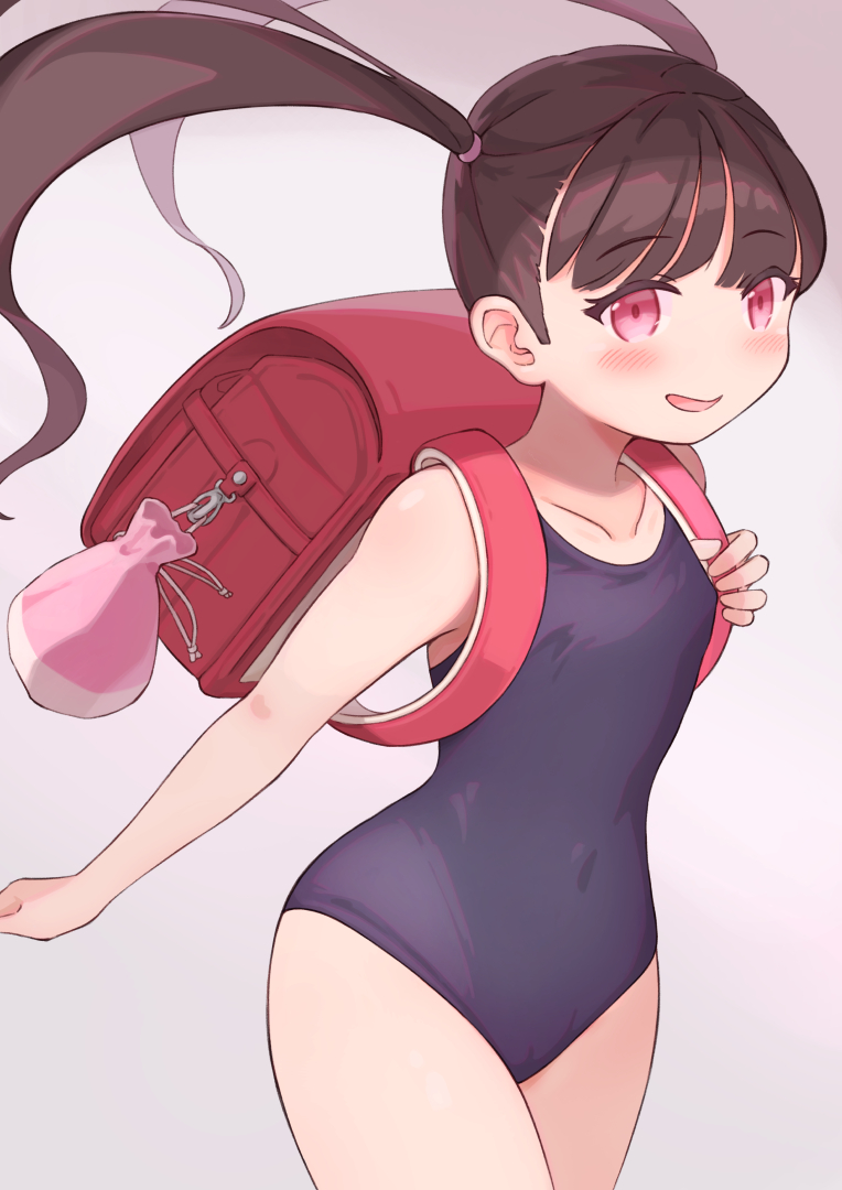 Safebooru - 1girl backpack bag black hair collarbone covered navel hair tie kai ooo1 long hair ...