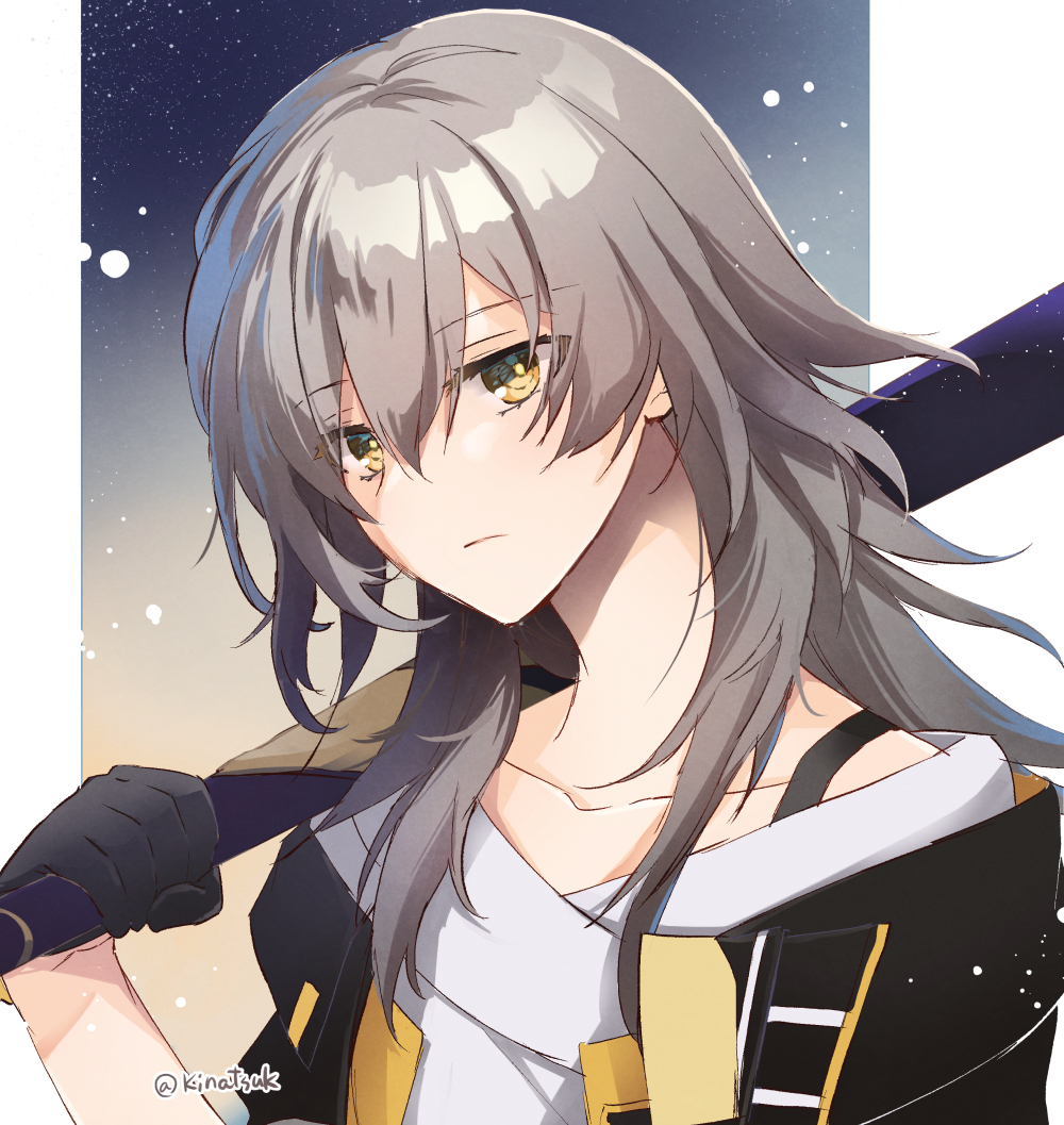 Safebooru - black jacket club (weapon) grey hair holding holding club ...