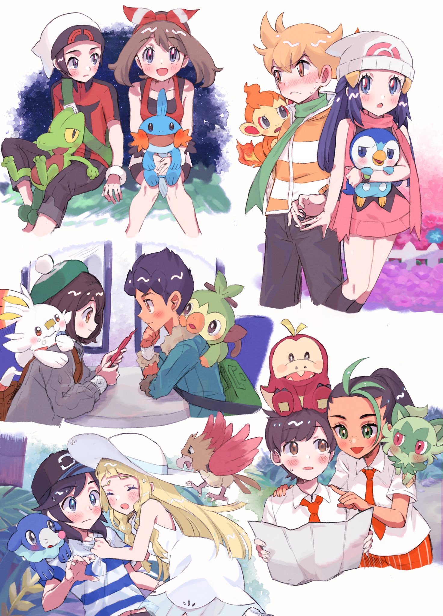 Safebooru - 5boys 5girls :d abe (kumayu) barry (pokemon) beanie bird ...