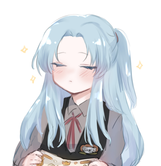 Safebooru - 1girl angela (project moon) black vest blue hair closed eyes closed mouth collared ...