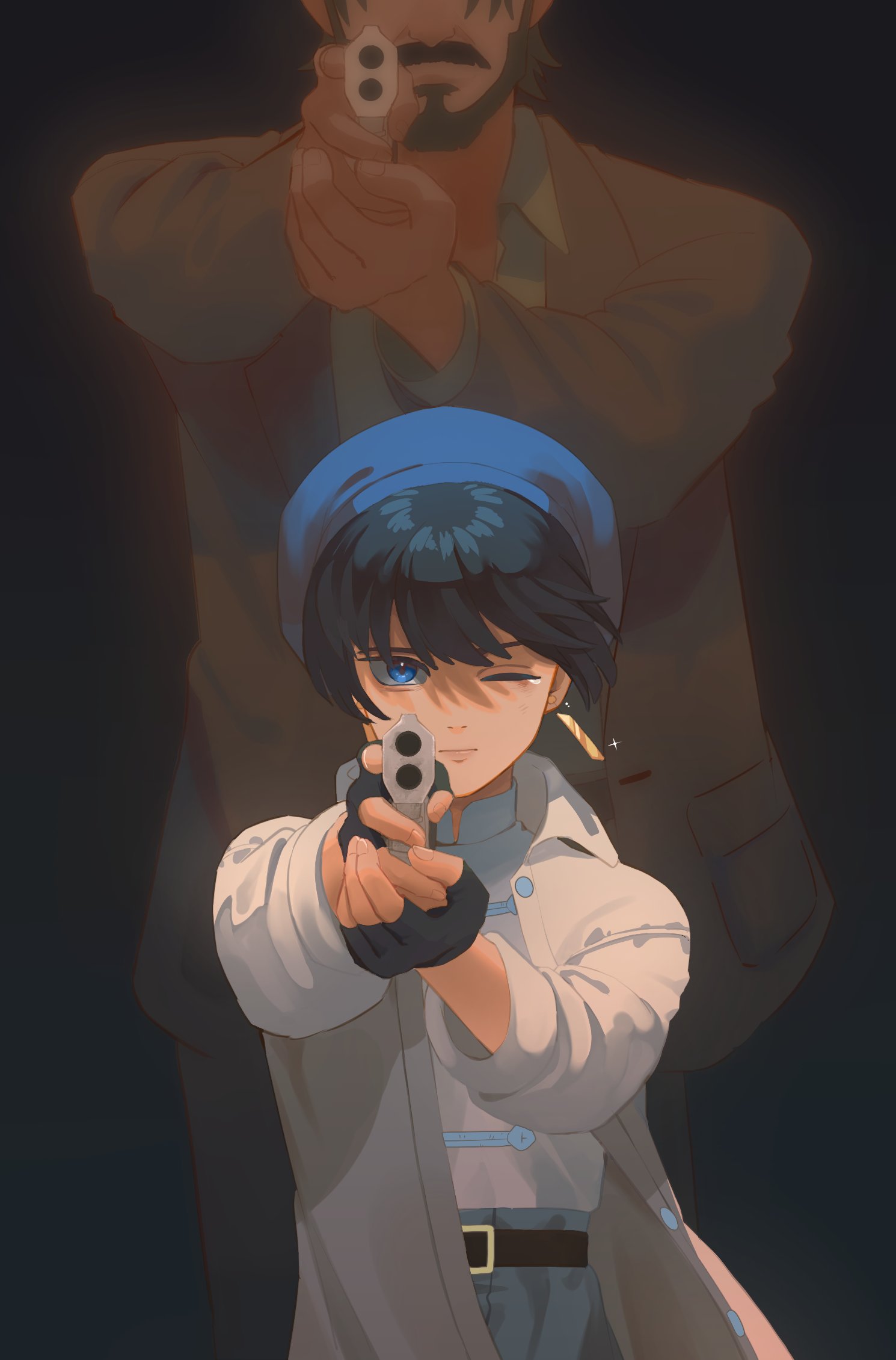 Safebooru - 1boy 1girl beard belt black belt black gloves blue headwear closed mouth facial hair ...