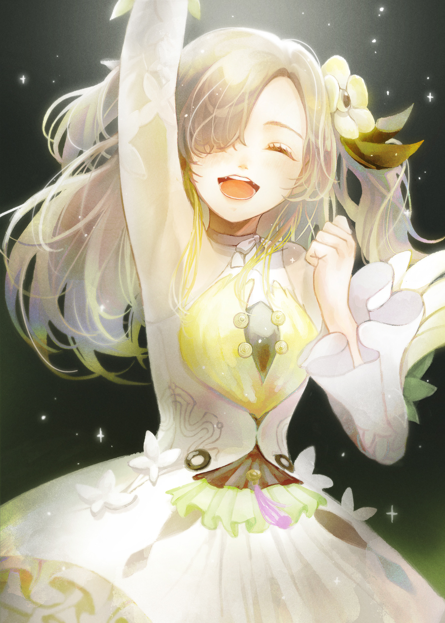 Safebooru - 1girl arm up blonde hair blush closed eyes dress flower grey hair hair flower hair ...