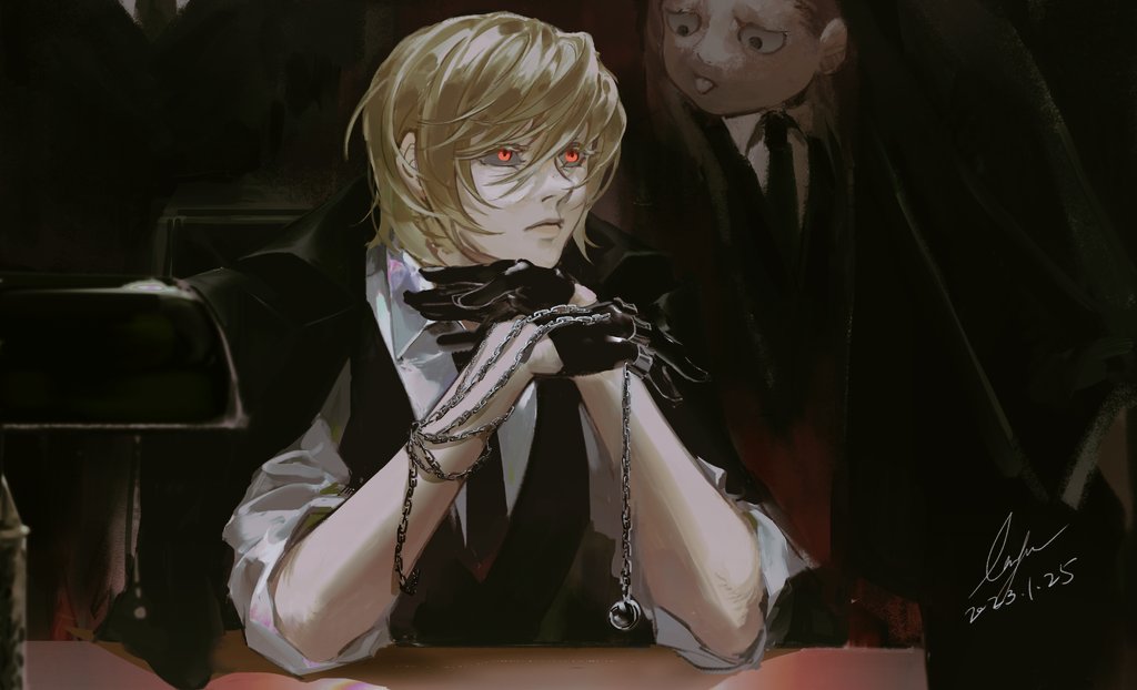 Safebooru - 1boy 1girl black coat black gloves black necktie blonde hair chain closed mouth coat ...