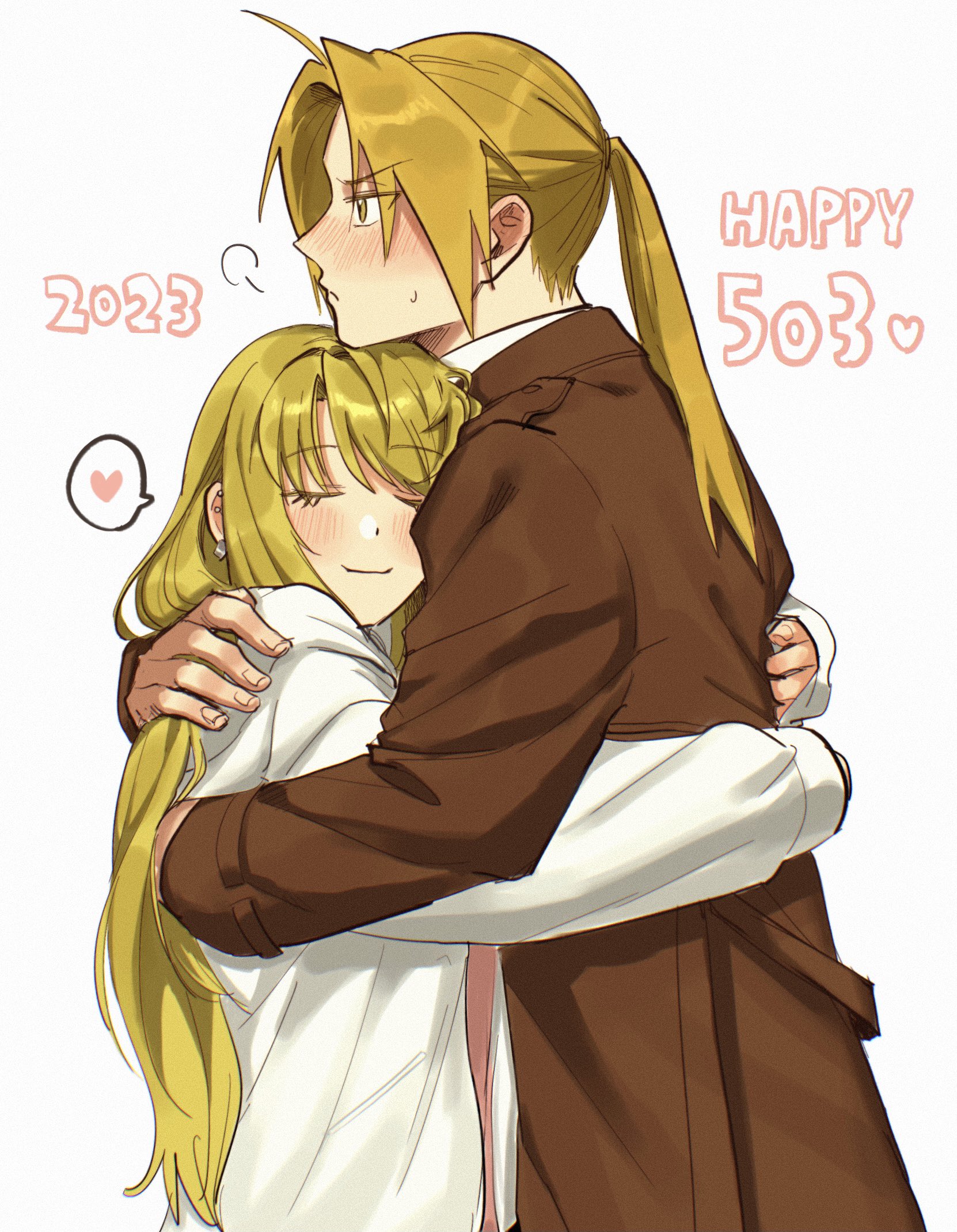Safebooru - 1boy 1girl =3 blonde hair blush brown coat closed eyes ...