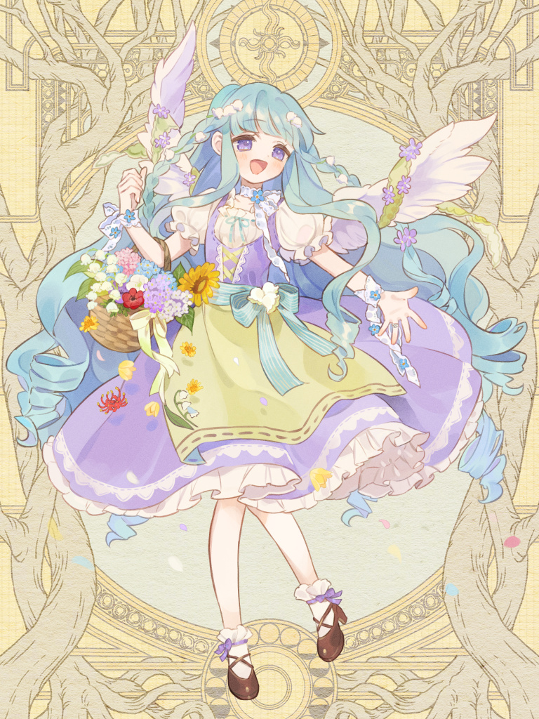 Safebooru - 1girl :d basket brown footwear dairoku ryouhei dress flower full body green hair ...