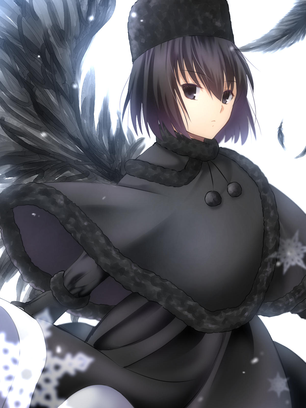 Safebooru - 1girl black capelet black dress black eyes black feathers black gloves black hair ...