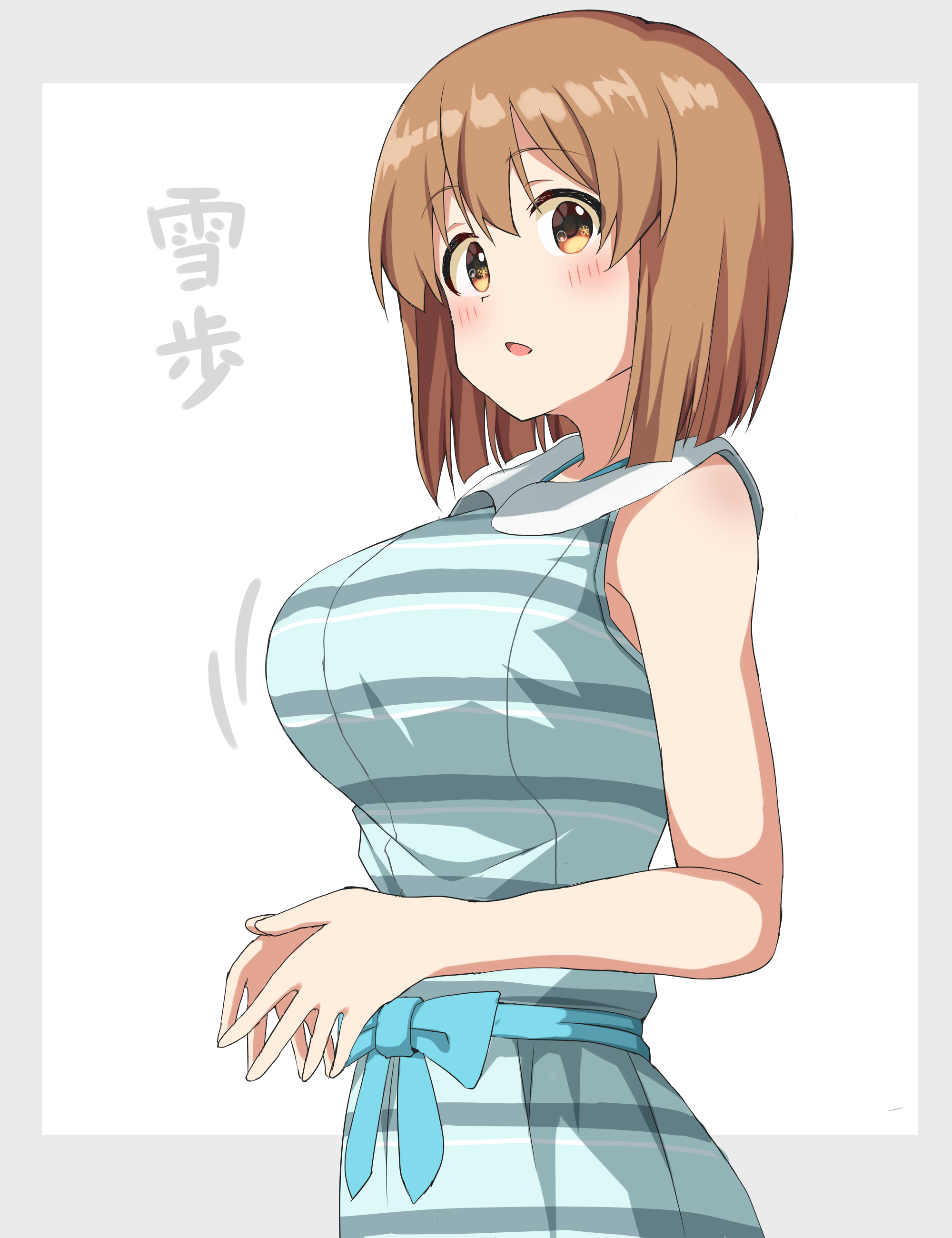 Safebooru - 1girl absurdres bare shoulders blue bow blush bob cut bow breasts brown eyes brown ...