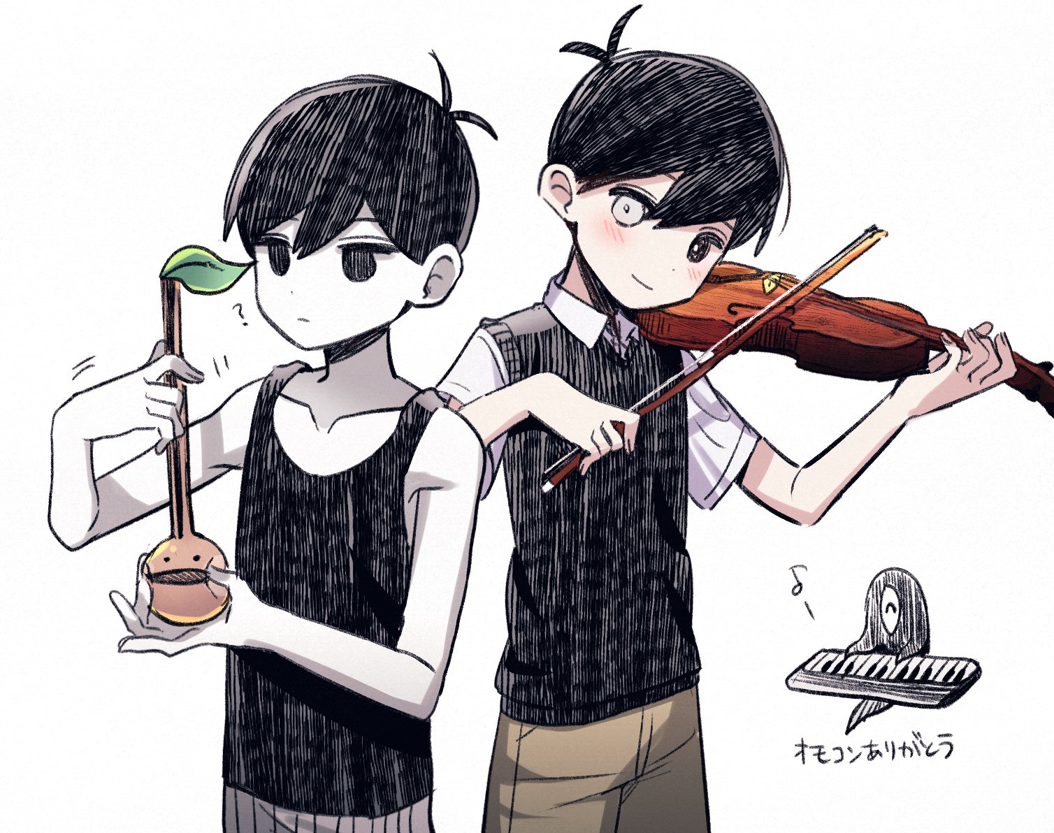 Safebooru - 2boys antenna hair black hair black tank top black vest bow ...