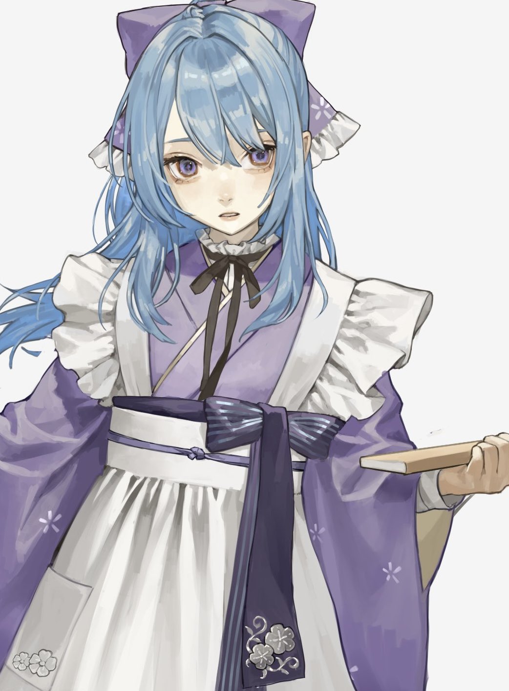 Safebooru - 1girl apron black bow blue eyes blue hair bow commission floral print frilled bow ...