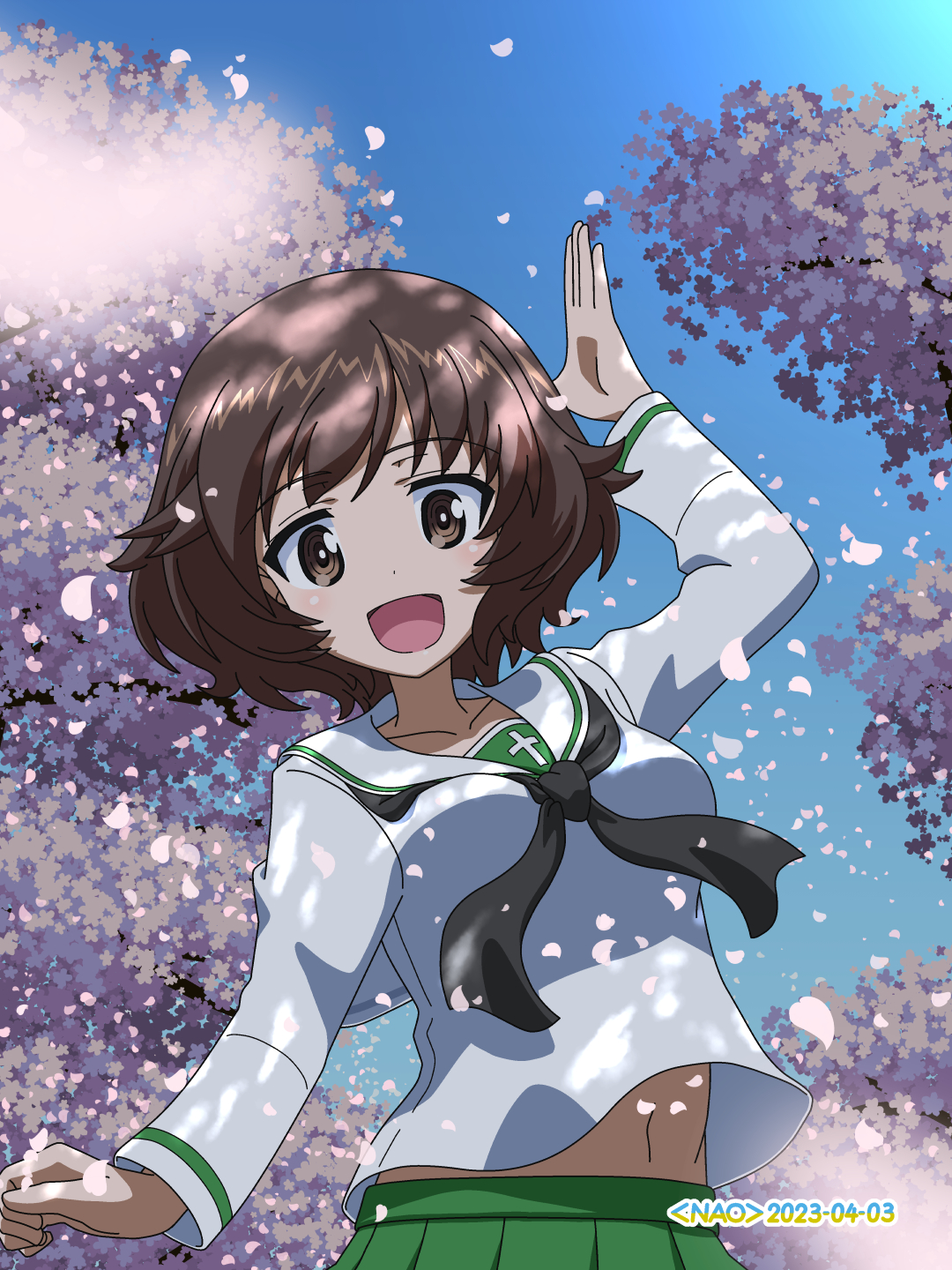 Safebooru - 1girl :d akiyama yukari arm up artist name black neckerchief blouse blue sky brown ...