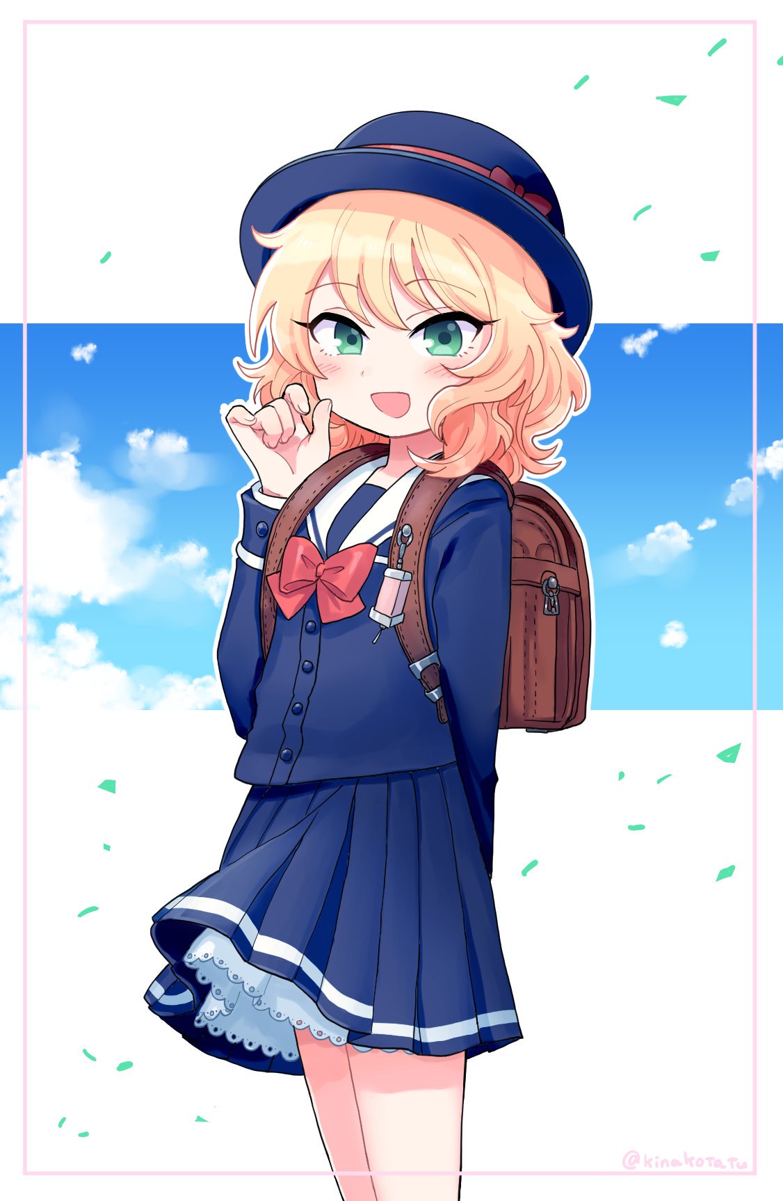 Safebooru - 1girl backpack bag blonde hair blue headwear blue sky blush bow brown bag buttons ...