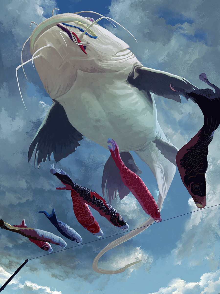 Safebooru - animal blue sky clouds creature day fish highres koinobori ...