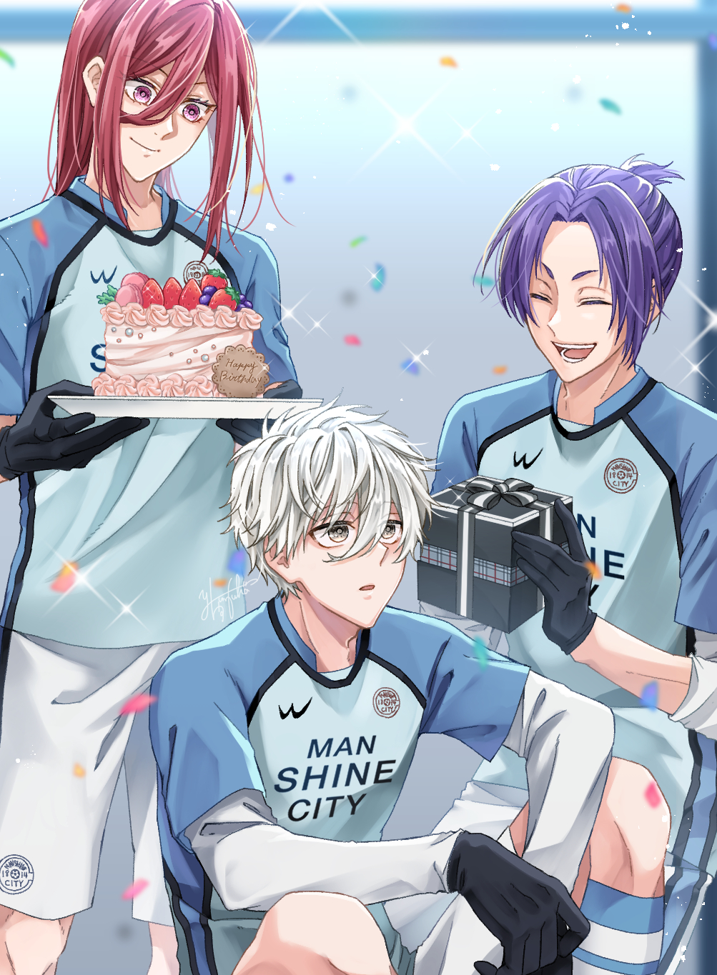Safebooru - 3boys ^ ^ birthday cake black eyes black gloves blue lock ...