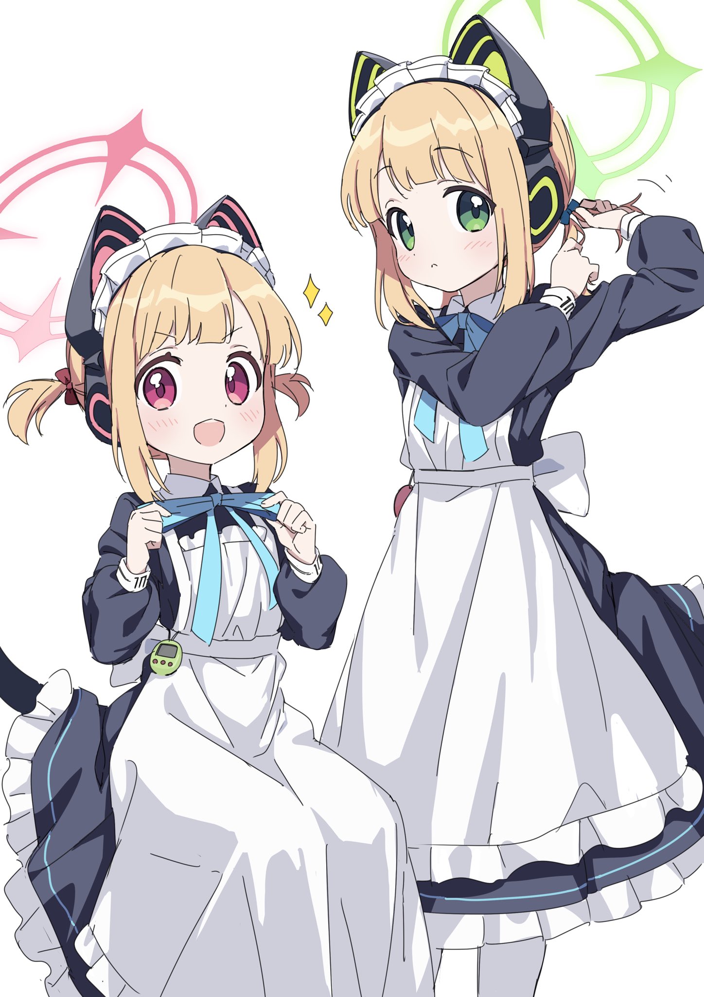 Safebooru - 2girls animal ear headphones animal ears apron aqua ribbon blonde hair blue archive ...