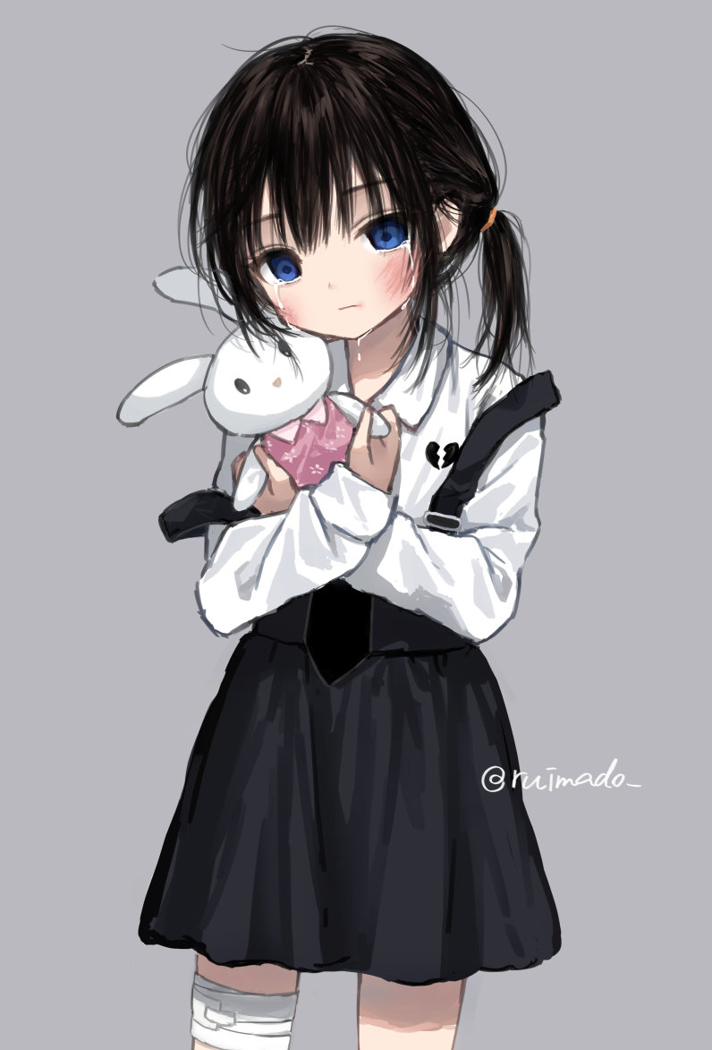 Safebooru - 1girl bandaged leg bandages black hair blue eyes blush broken heart print collared ...