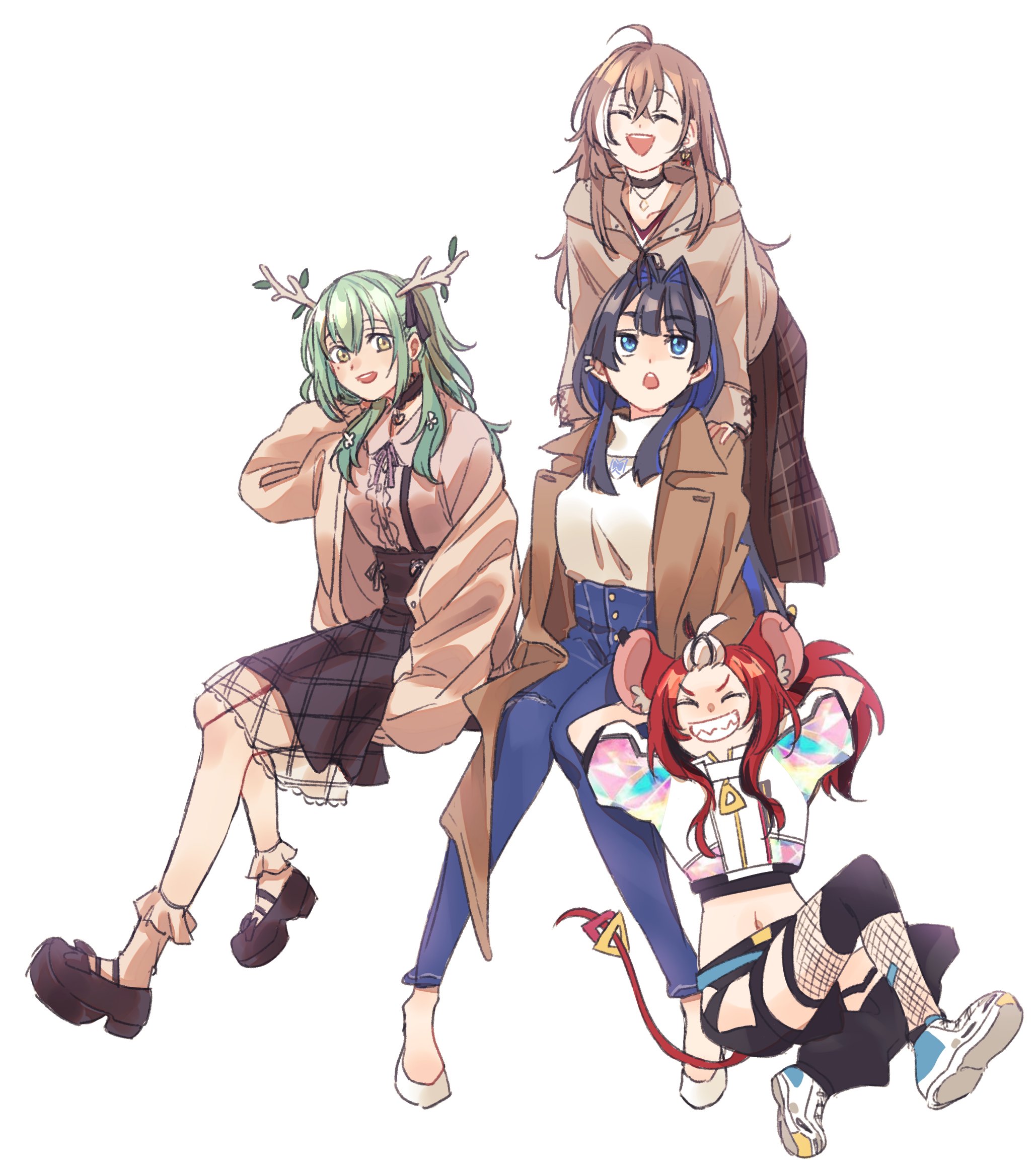 Safebooru - 4girls :d :o ahoge animal ears antlers arms behind head belt berry black choker ...