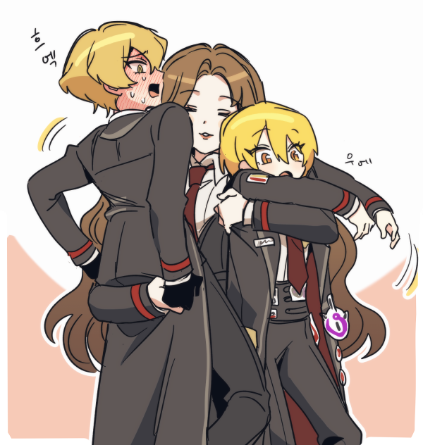 Safebooru - 1girl 2boys :3 bbunny black coat black gloves black pants blonde hair blush brown ...